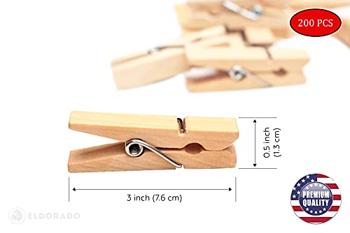 Eldorado Clothespins, Standard Natural Wooden, Stain Proof, 3 inch, 200 Value Pack, for Multipurpose Everyday Laundry, Clothes, Towels, Craft, Photos, Pictures, Decor, Baby Shower, Art Wall