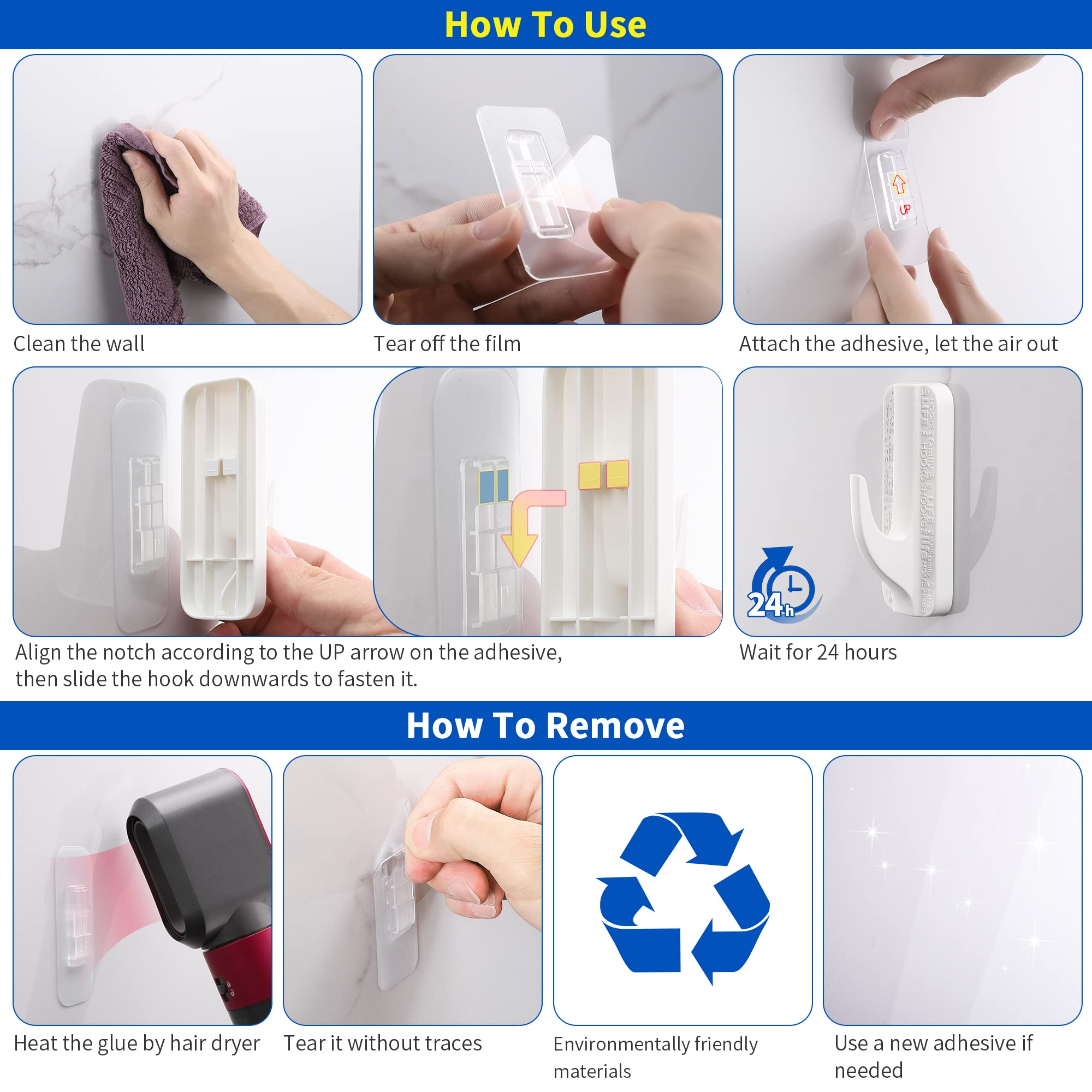 ALOCEO Wall Sticky Hooks for Hanging Shower Hooks for Bathroom Kitchen Office Closet, 5 Pack 6 Adhesive Strips, White