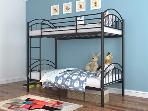 Alohappy Metal Bunk Beds Frame Twin Over Twin, Convertible Into 2 Individual Metal Bed Frame, Removable Ladder & Safety Guard Rail (Black)
