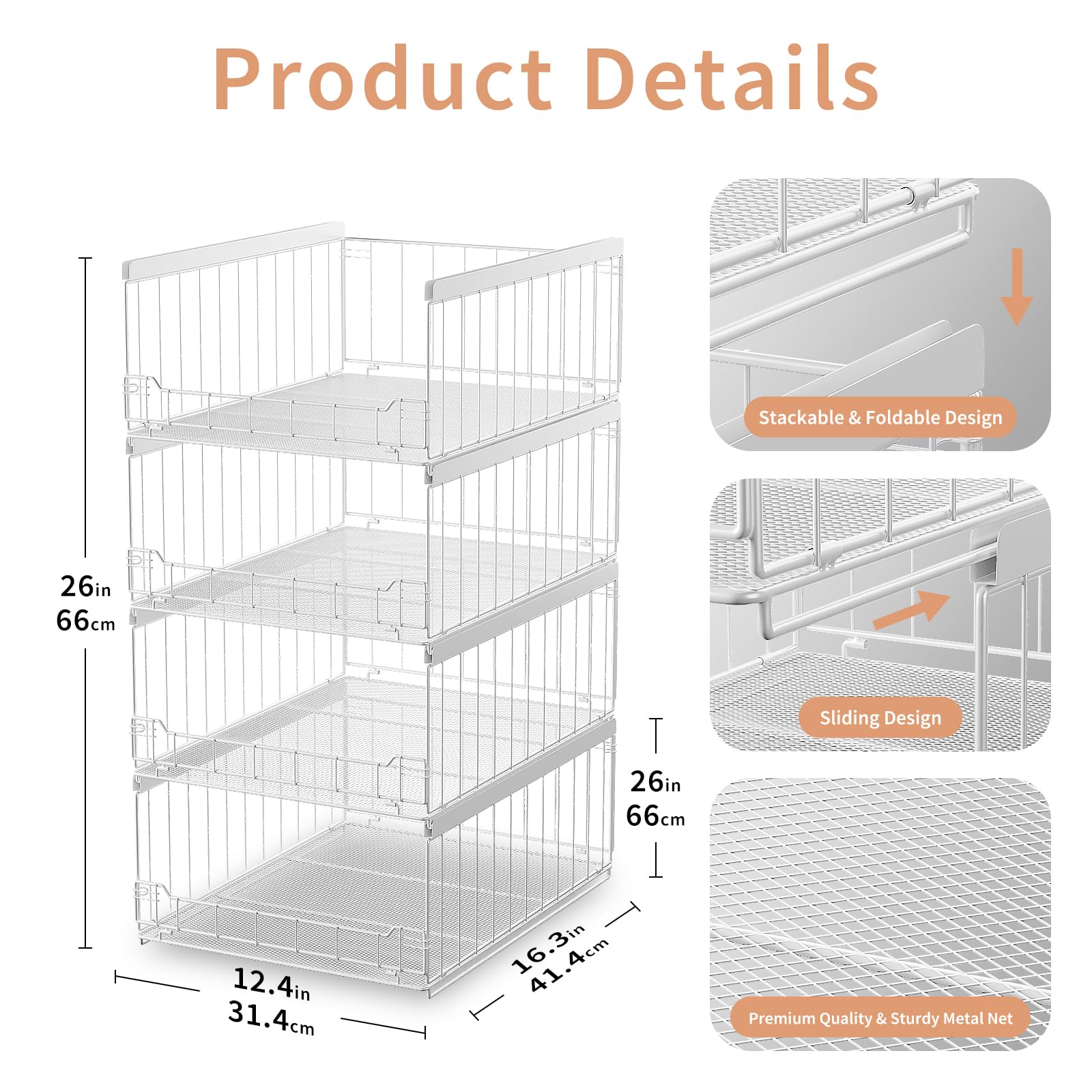 4- Tier Closet Storage Organizer Shelves, Stackable Closet Organizer Drawer, Sliding Closet Shelf Organizers and Storage, Metal Storage Bins for Jeans Pants Sweaters (White)