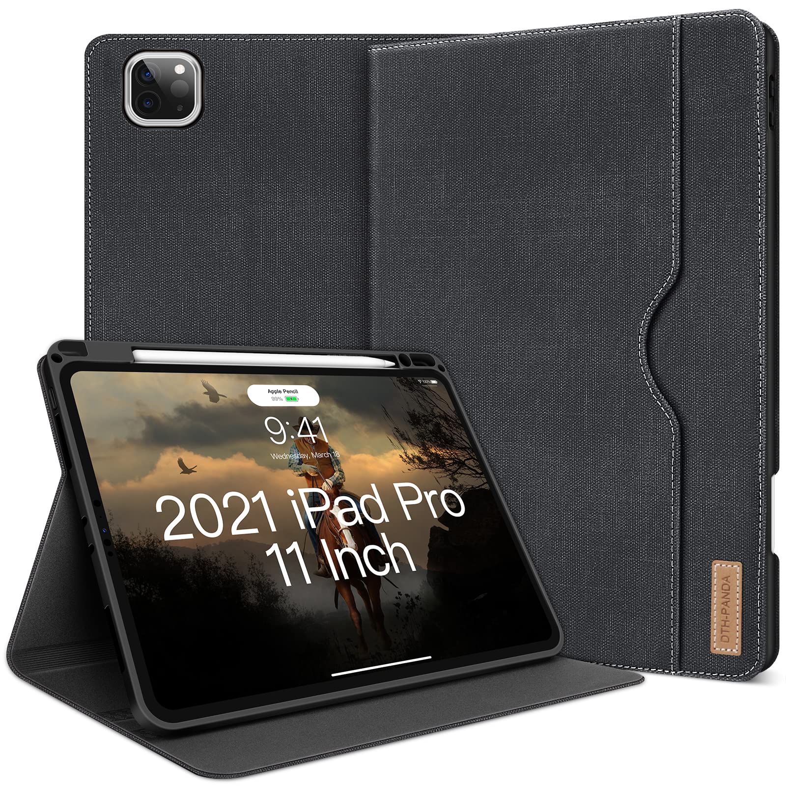 DTH-PANDA iPad Pro 11 inch Case for iPad Pro 11 4th/3rd/2nd/1st Generation 2022/2021/2020/2018,PU Leather Folio Bracket,with Pencil Holder and Pocket,Automatic Sleep/Wake Function (Crow Black)
