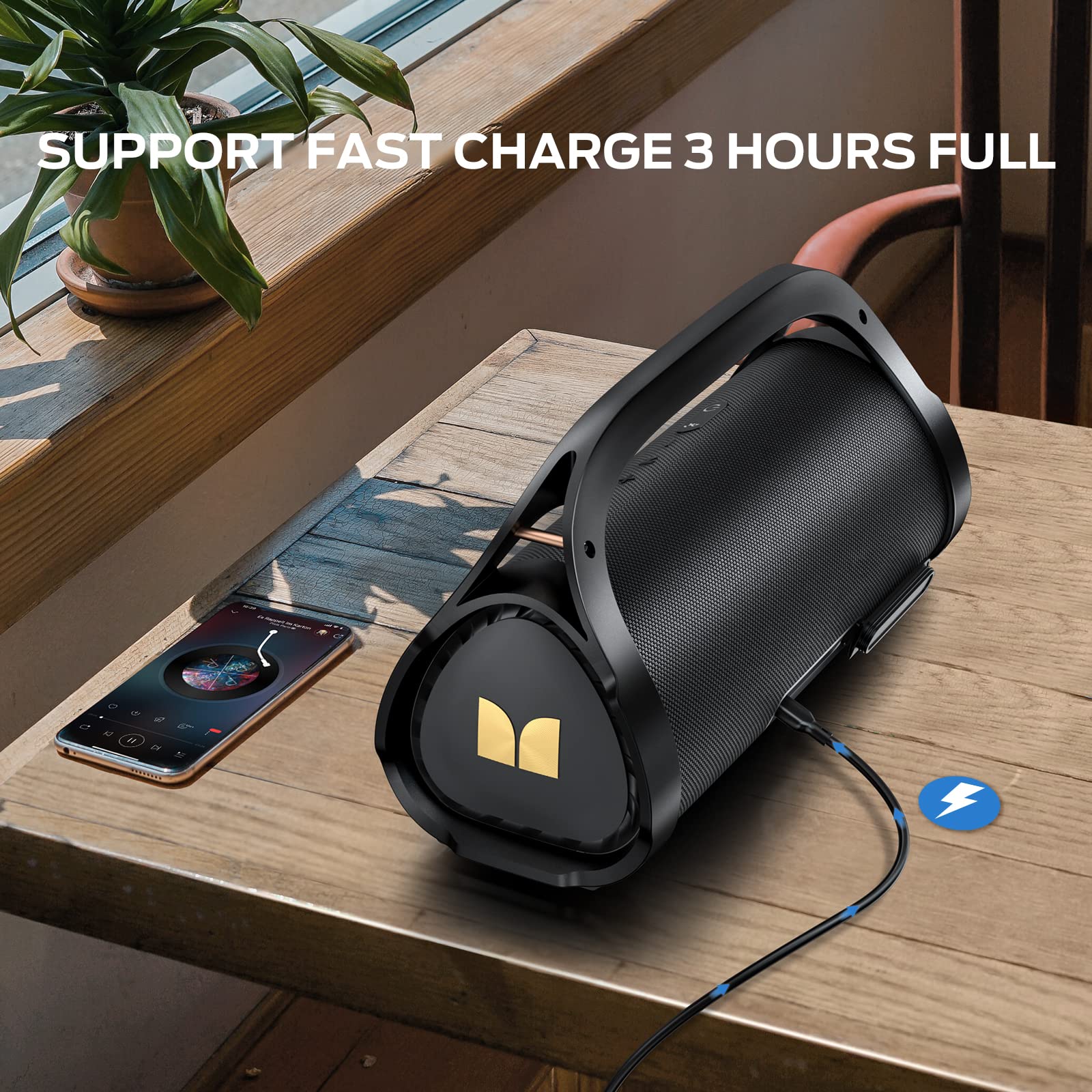 Monster Adventurer Max Bluetooth Speakers, IPX7 Waterproof Outdoor Bluetooth Speakers, Active Extra Bass, Fast Charging, with Microphone, Suitable for Beach, Parties, Gym, Black