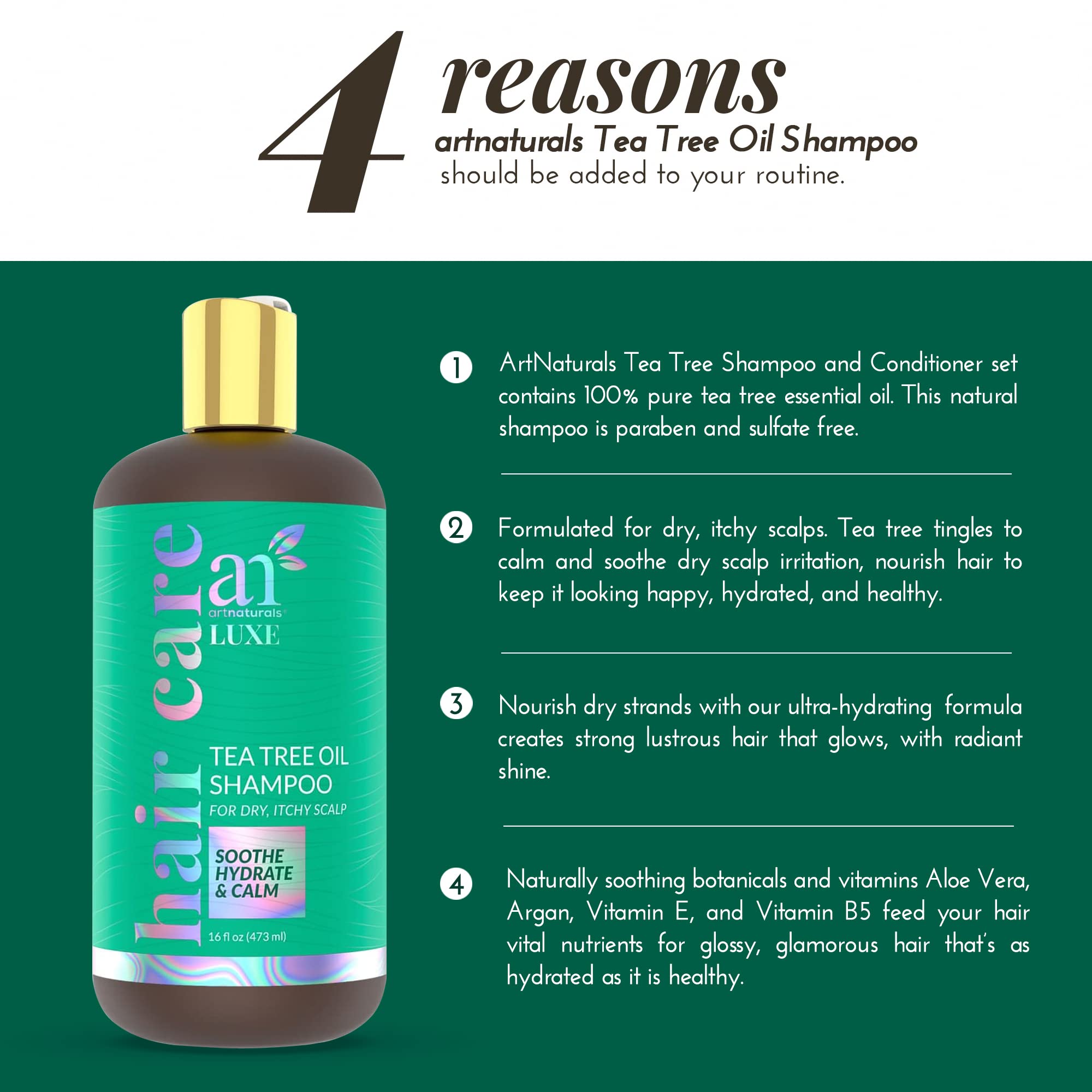 Artnaturals LUXE Tea Tree Shampoo - (16 Fl Oz / 473ml) - Sulfate Free β Made with 100% Pure Therapeutic Grade Tea Tree Essential Oil for Dandruff and Itchy Scalp