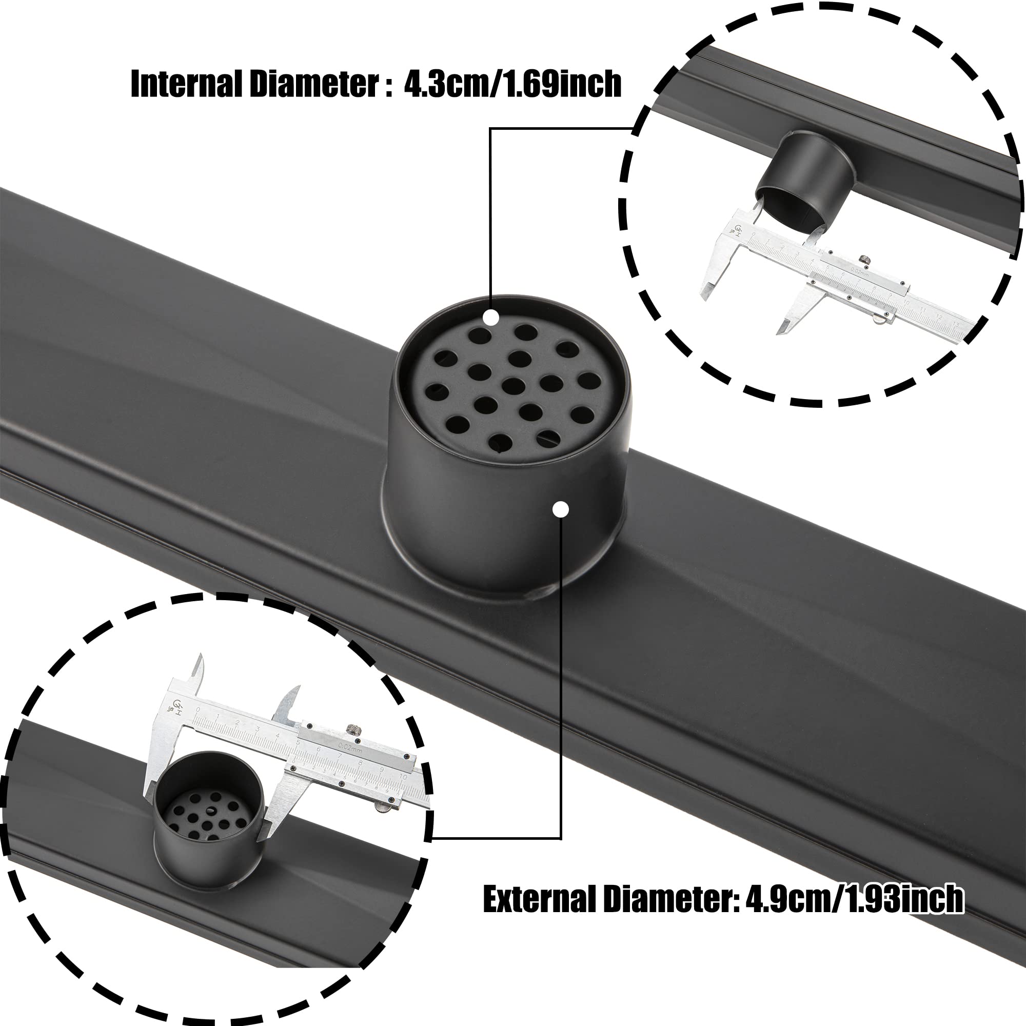 24 inch Linear Shower Drain with Removable Square Hole Panel by Using 304 Stainless Steel Process, Linear Drain Equipped with Adjustable Feet and Hair Strainer(Matte Black Color)