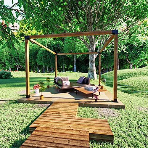 Deck Man 4x4(Actual Size: 3.5x3.5inch) Stainless Steel 3-Way Right Corner pergola Bracket with 4 Flange Anchors,Pergola/Gazebo kit (4 Pack)
