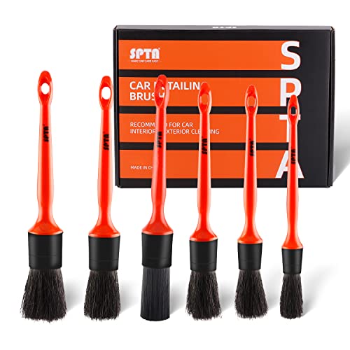 SPTA Car Detailing Brush Kit - 6 Pack, Auto Boar Hair Detail Brush Set Automotive Interior Exterior No Scratch Microfiber Detailing Brushes for Cleaning Air Vents, Engine Bays, Dashboard & Wheels