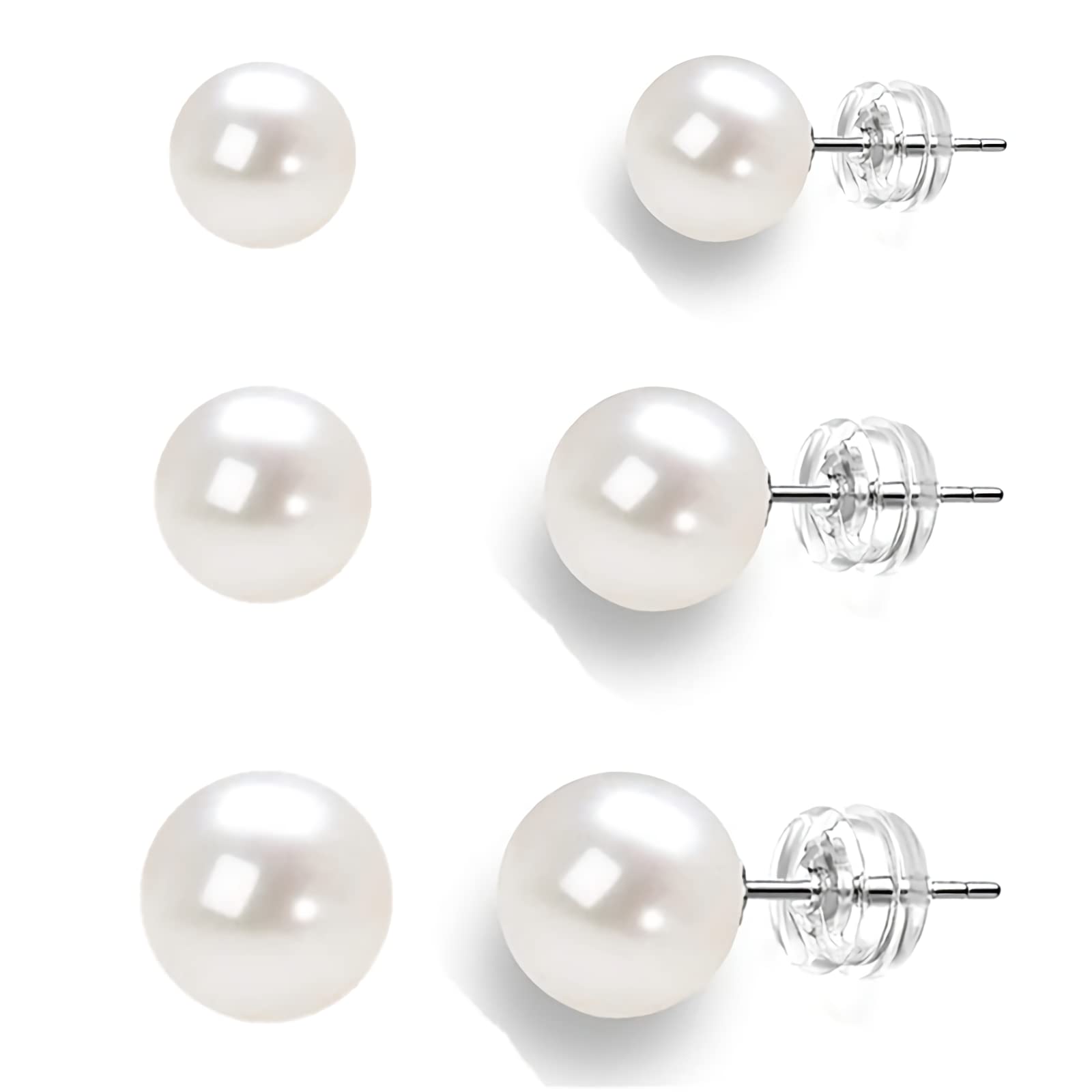3 Pairs Freshwater Cultured Pearl Stud Earrings for Women 6mm 7mm 8mm Sterling Silver
