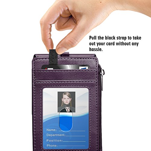 ELV Badge Holder with Zipper, PU Leather ID Badge Card Holder Wallet with 5 Card Slots, 1 Side RFID Blocking Pocket and 20 inch Neck Lanyard Strap for Offices ID, School ID, Driver Licence (Purple)