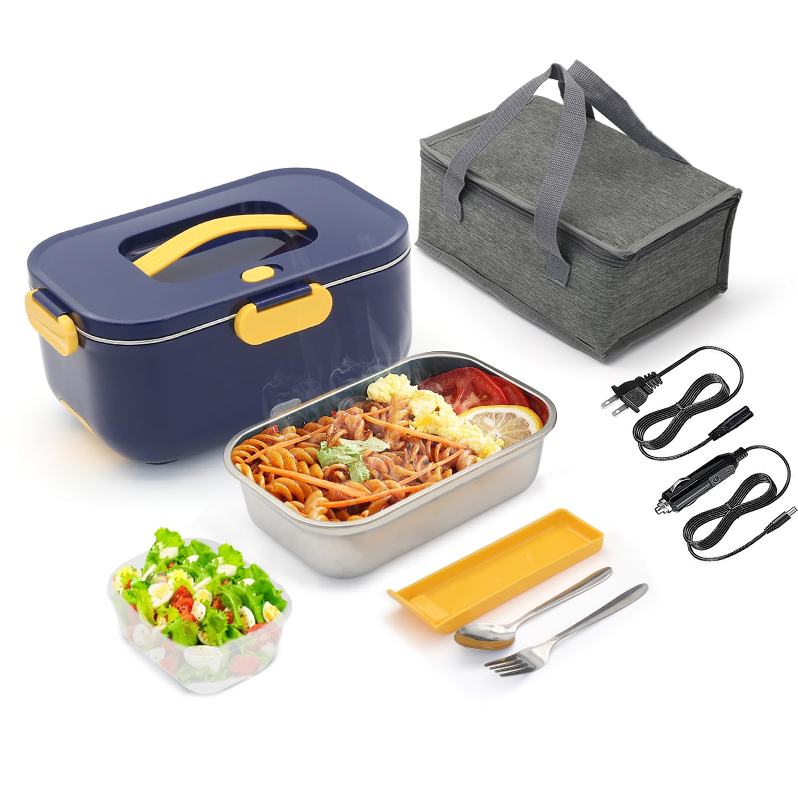 2L Electric Lunch Box,80W Portable Food Warmer Lunch Box Fast Heated Lunch Boxes for Adults,Rechargeable 12V 24V 110V Self Heating Lunch Box for Car Truck Work with SS Container Fork Spoon Carry Bag