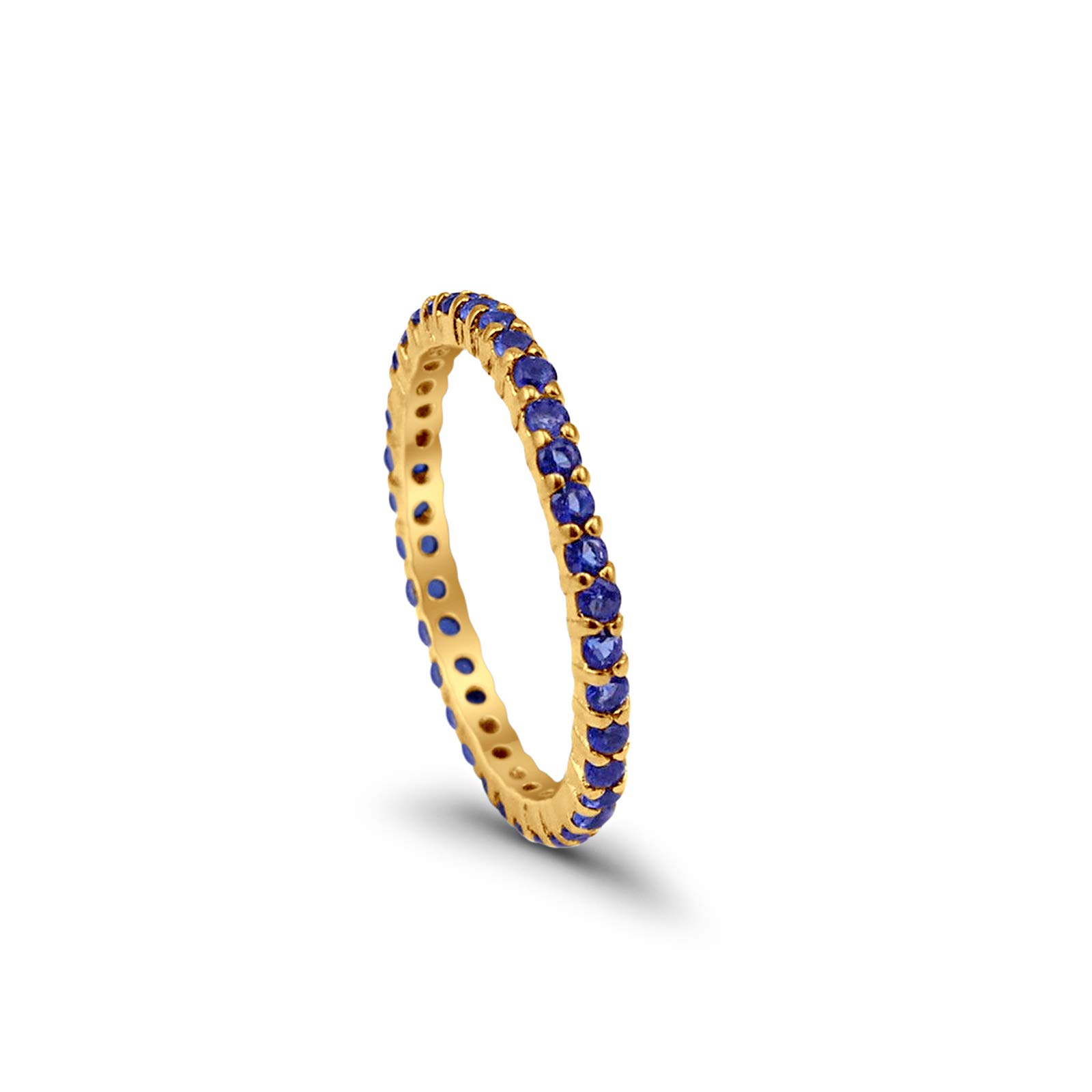 2mm Full Eternity Wedding Ring Band Round Simulated Blue Sapphire Yellow Tone 925 Sterling Silver, Size - 7
