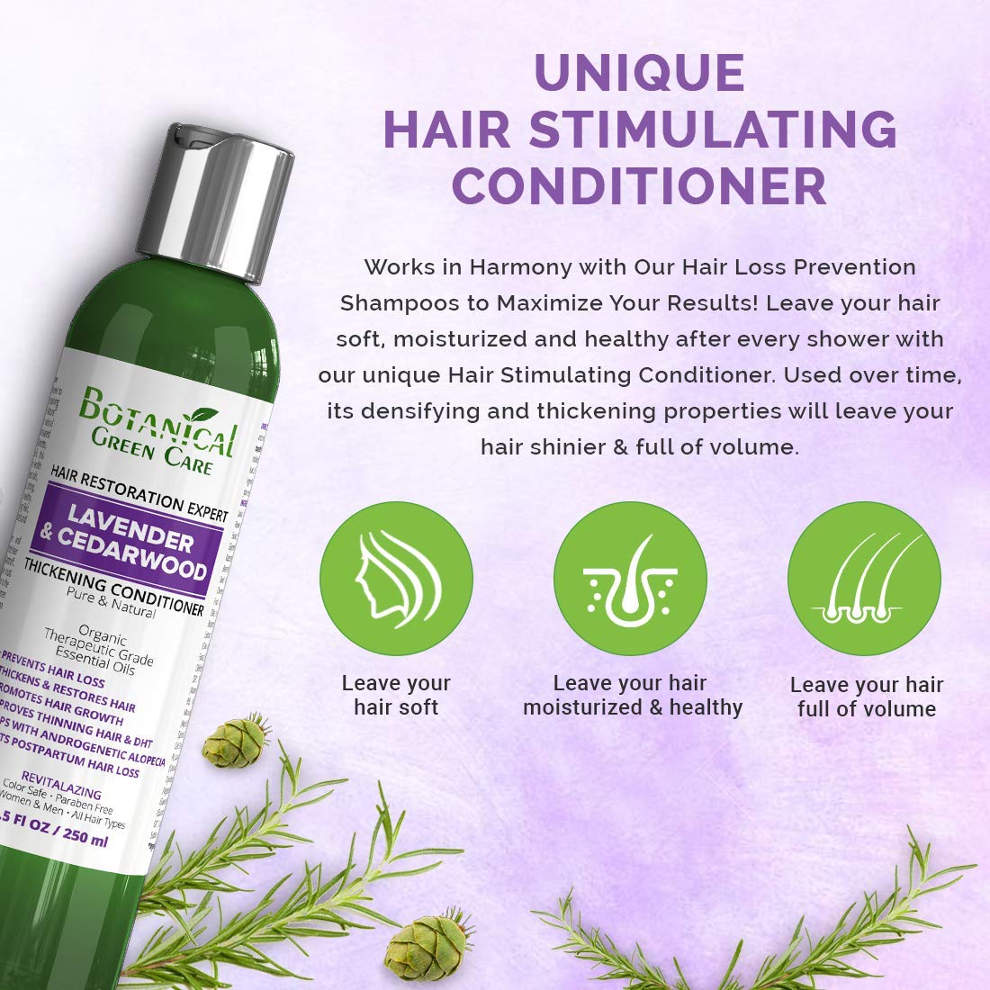 Botanical Green Care 'Lavender & Cedarwood' CONDITIONER - Thickening, Hair Growth, Strengthening Conditioner for Thinning Hair. Color Safe