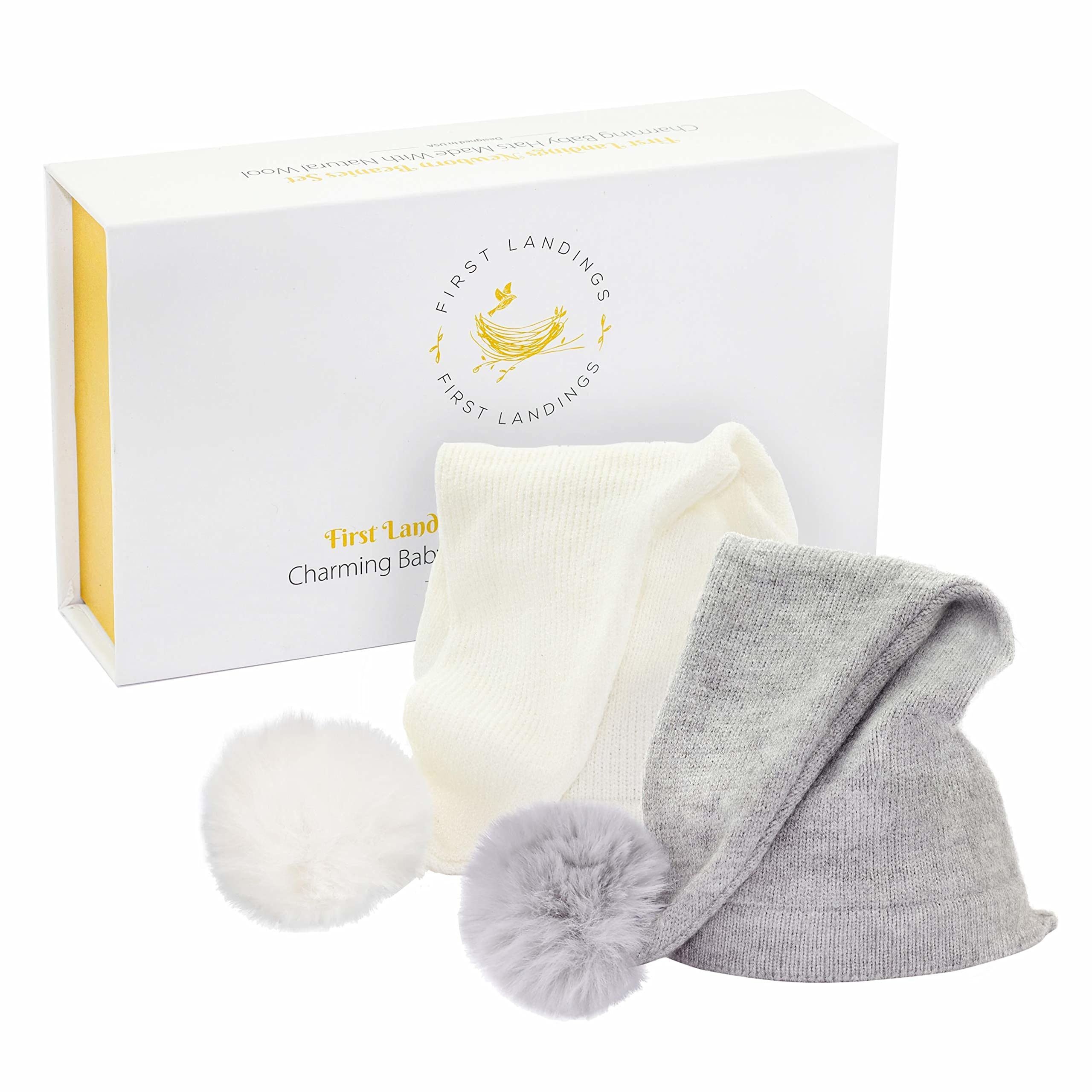 First Landings Cashmere Wool Newborn Hats (2-Pack) Ultra Soft Baby Hats Gift Set - Adorable Long Baby Beanie with Pom Poms - Newborn Photography Props