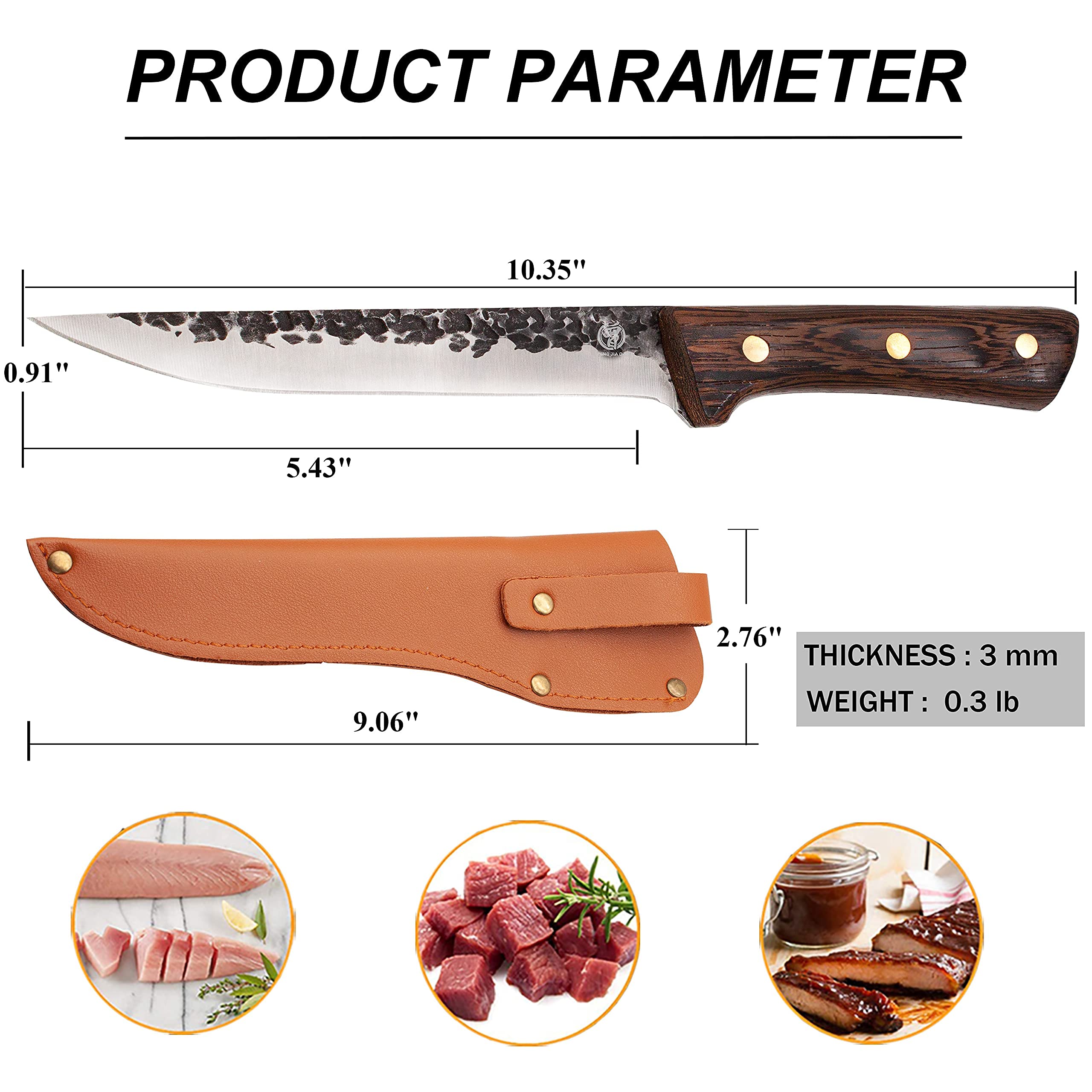 ZENG JIA DAO Full Tang Boning Knife Fillet Knife with Sheath, for deboning, meat cutting and slicing,6 inch Razor Sharp Meat Cleaver Butcher Knife