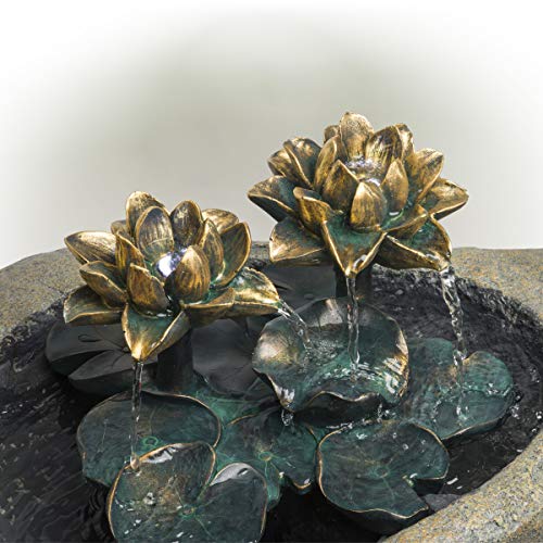 Alpine Corporation 30" Tall Outdoor Pedestal Lotus Rock Waterfall Fountain with LED Lights, Brown/Gray