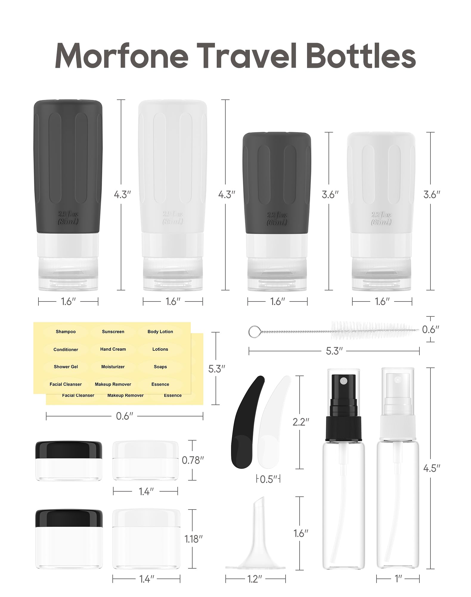 Morfone 16 Pack Silicone Travel Bottles Set for Toiletries TSA Approved Travel Containers Leakproof Squeezable Refillable Accessories 2oz 3oz for Shampoo Conditioner Lotion Liquids (BPA Free)