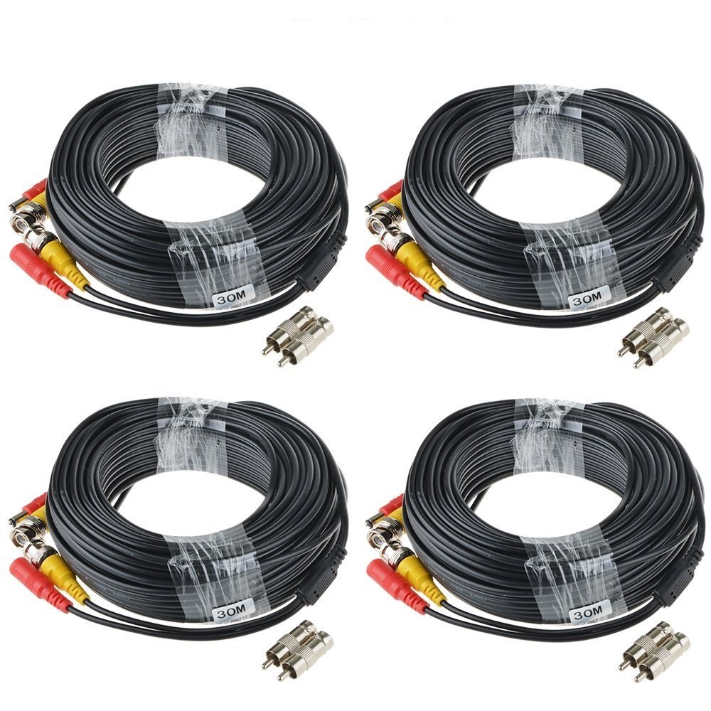 ABLEGRID® 4 Pack 100ft bnc Video Power Cable Security Camera Cable Wire Cord for CCTV dvr Surveillance System (Included 2X BNC to RCA connectors with Each Cable)