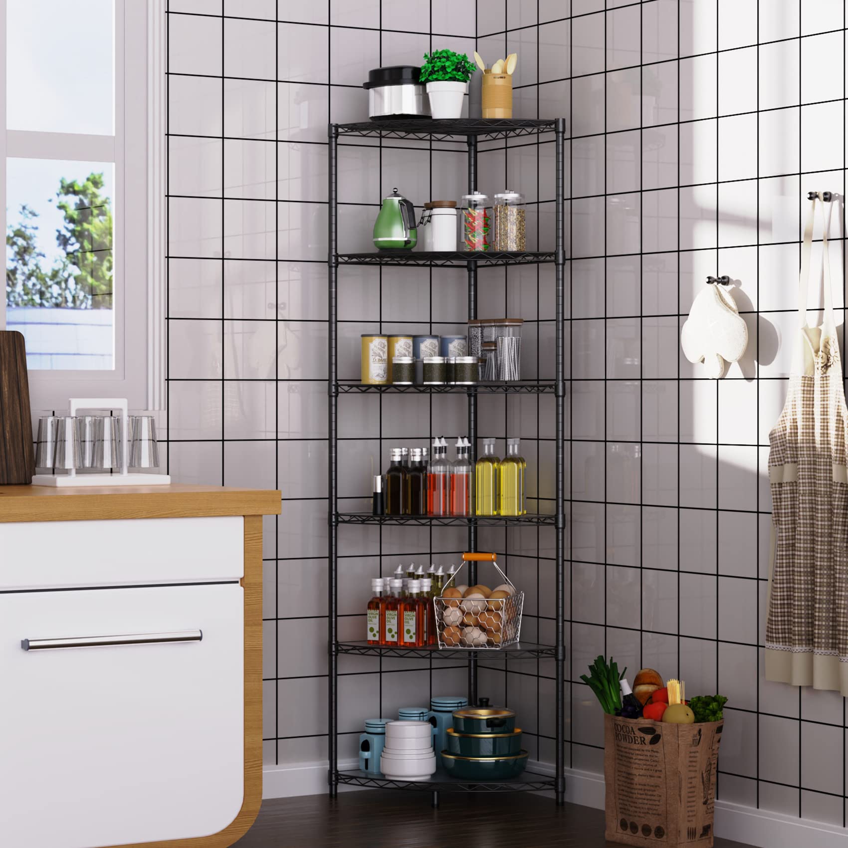 Adjustable 6-Tier Corner Wire Shelving Unit with Waterproof Liners, Heavy Duty 420 lbs Total Capacity - Ideal for Kitchen, Garage, and Office Storage - Rust Resistant and NSF Certified - Black