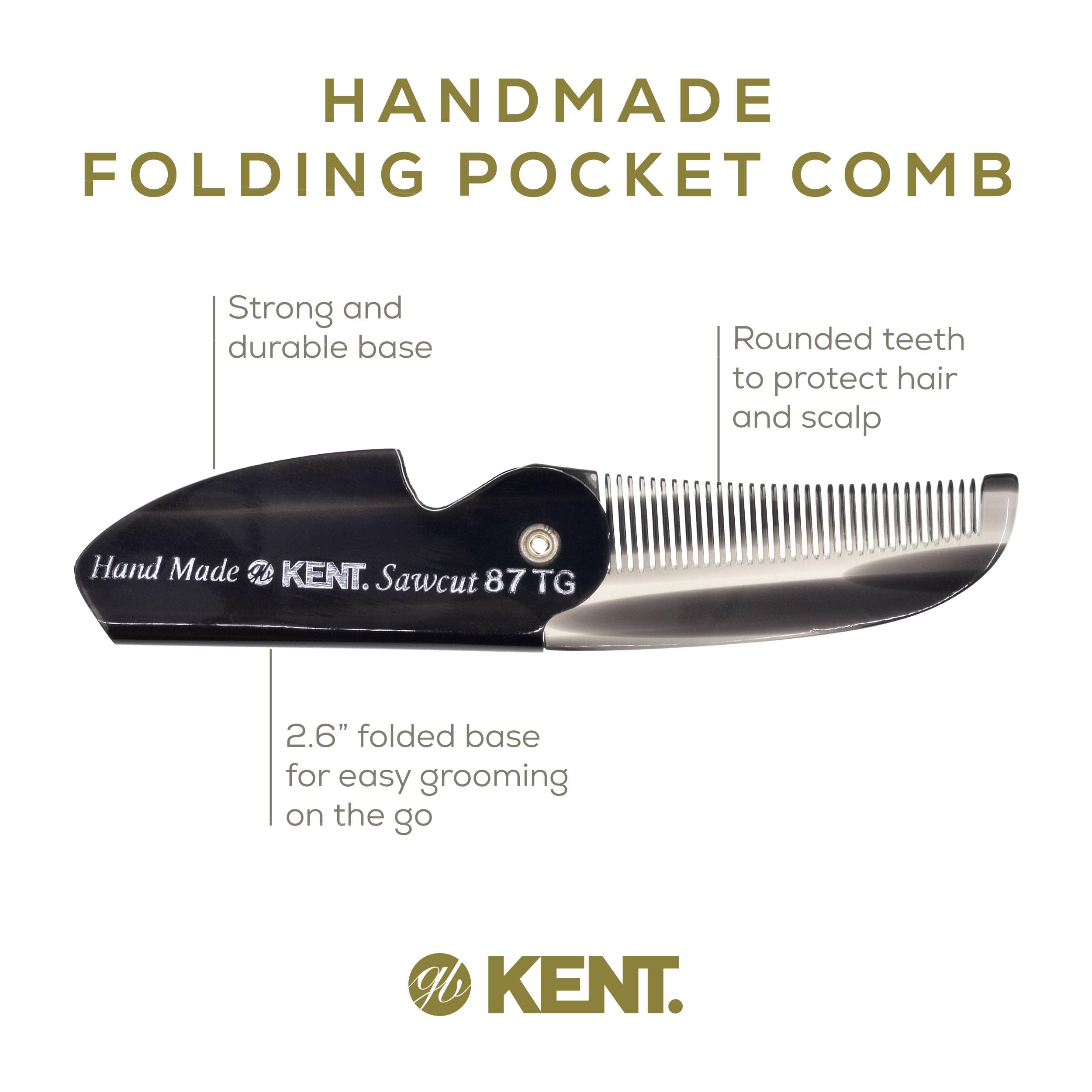 Kent 87T Graphite Handmade Folding Pocket Comb for Men, Fine Tooth Hair Comb Straightener for Everyday Grooming Styling Hair, Beard or Mustache, Saw Cut Hand Polished, Made in England