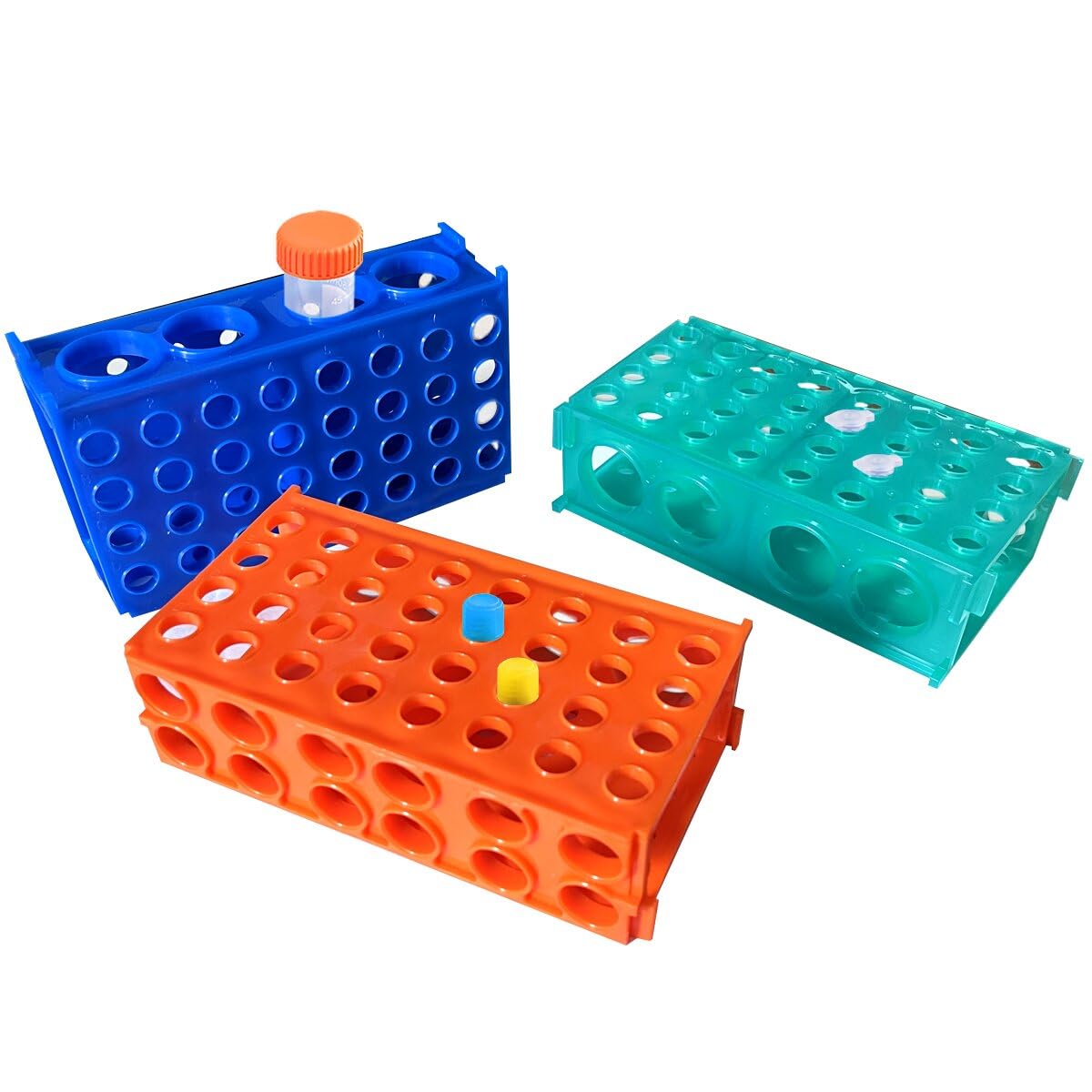 4-Way Plastic Test Tube Rack,Test Tube Holder with 5 Different Colors(Blue,Yellow,Orange,Pink,Green),Pack of 5