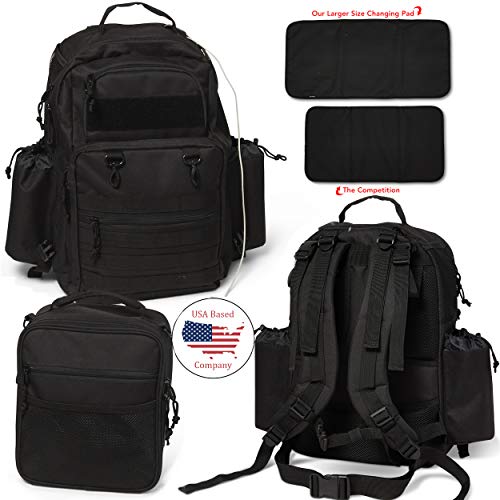 Brinero Diaper Bag Backpack for Dad, X-Large Bag With USB Port, Detachable Lunch Box, XL Changing Pad, 2 Large Water Bottle Pockets, Stroller Straps, Wipe Pocket Military Diaper Bags