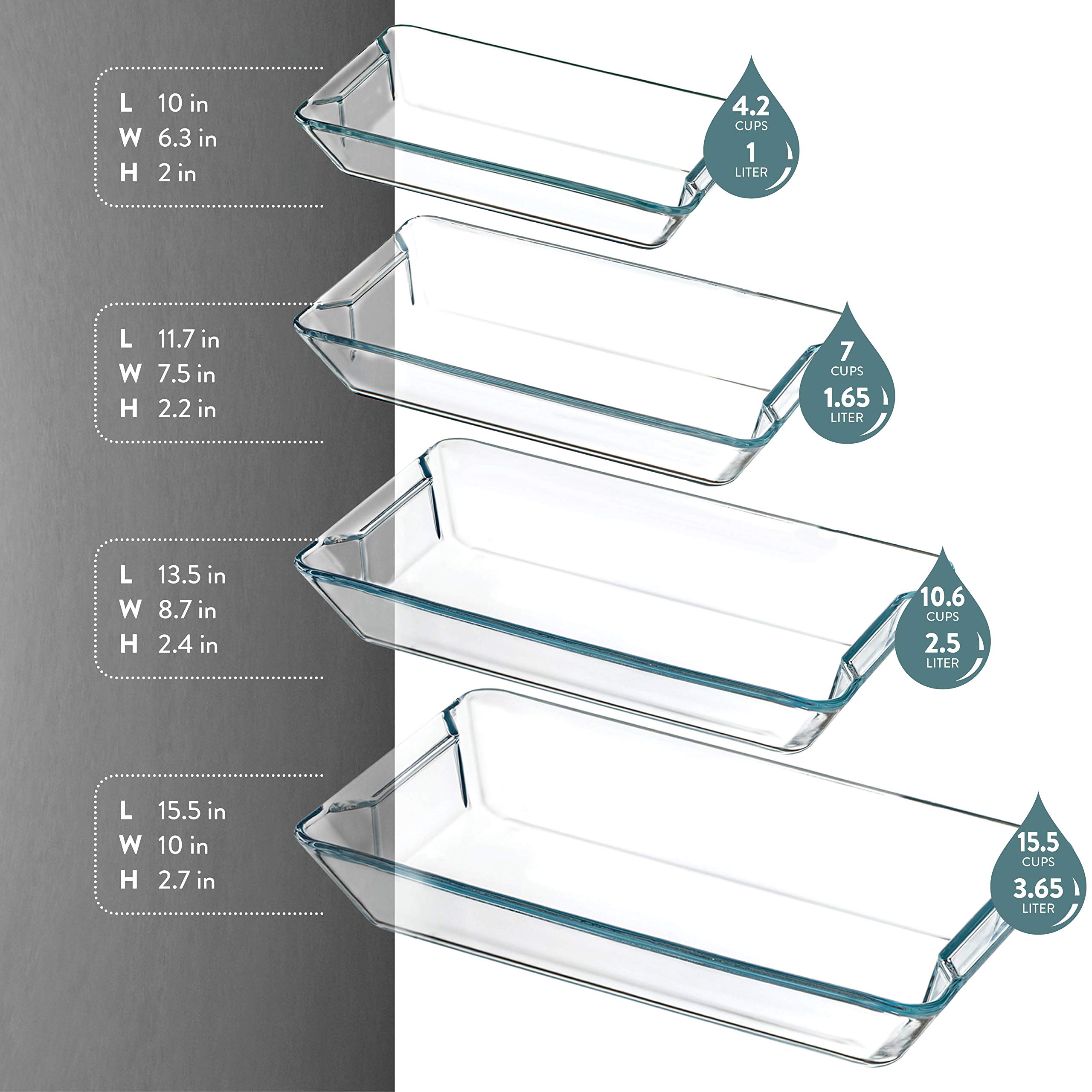 4-Piece Rectangular Glass Casserole Dish Set - Modern Design, Grip Handles, Nesting Storage