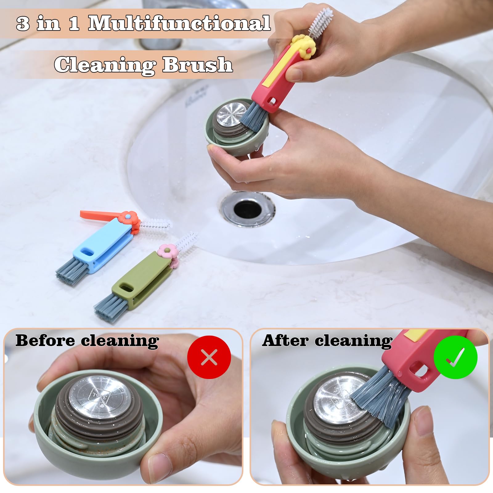 3 in 1 Cup Lid Cleaning Brush, 2024 New Multifunctional Crevice Cleaning Brush, Portable Cup Lid Cleaning Brush Set Home Kitchen Cleaning Tools (Red Blue Green