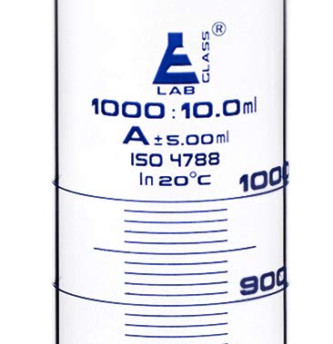 EISCO Graduated Cylinder, 1000ml - Class A Tolerance ±5.00ml - Round Base - Blue Graduations - Borosilicate 3.3 Glass