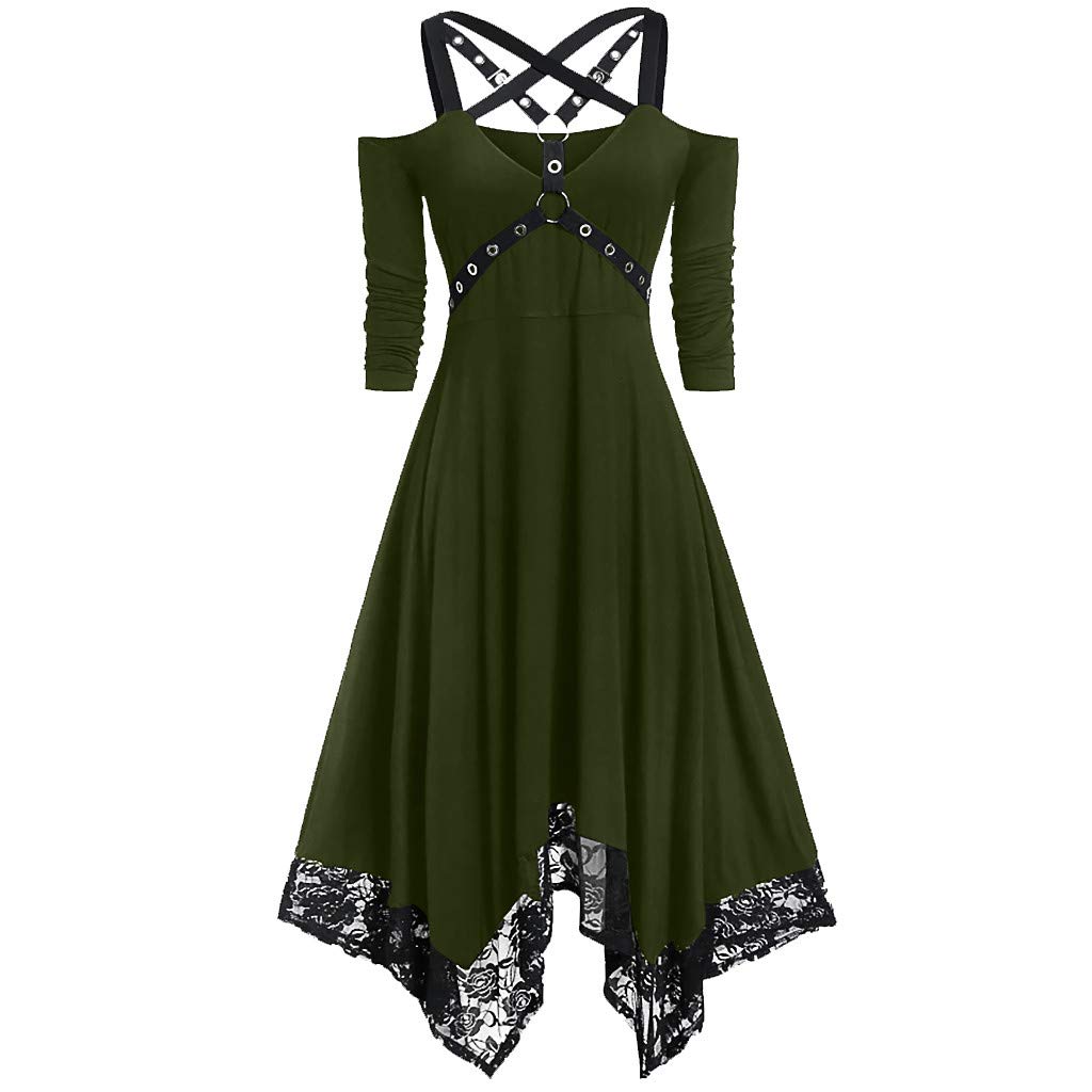 F_Gotal Womens Costume Dress Plus Size Vintage Cold Shoulder Strap Long Sleeve Gothic Mini Dress Cosplay Retro Gown Green