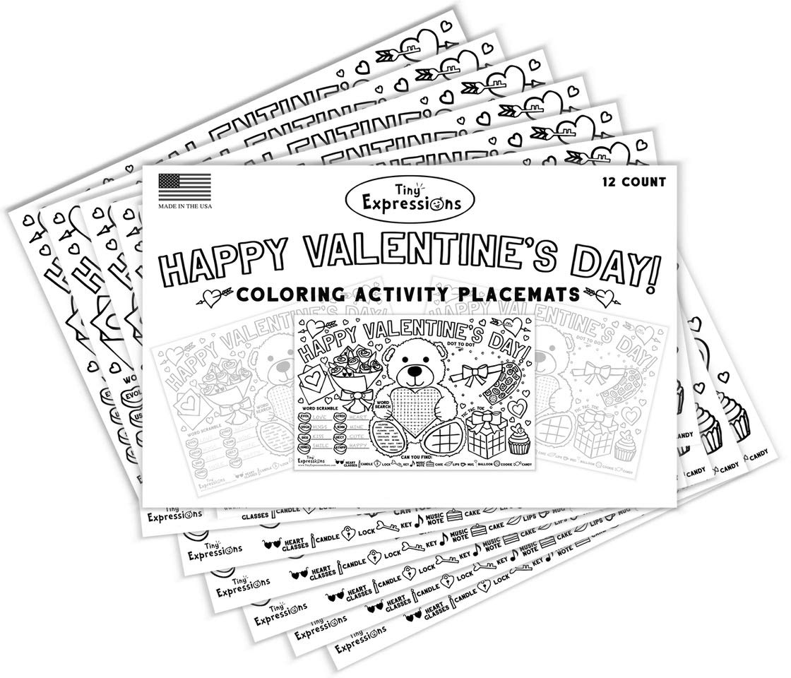 Tiny Expressions - Valentine's Day Coloring Placemats for Kids – Pack of 12 Disposable Paper Mats for Kids Table at Valentines Party, Includes Activities & Games for Kids