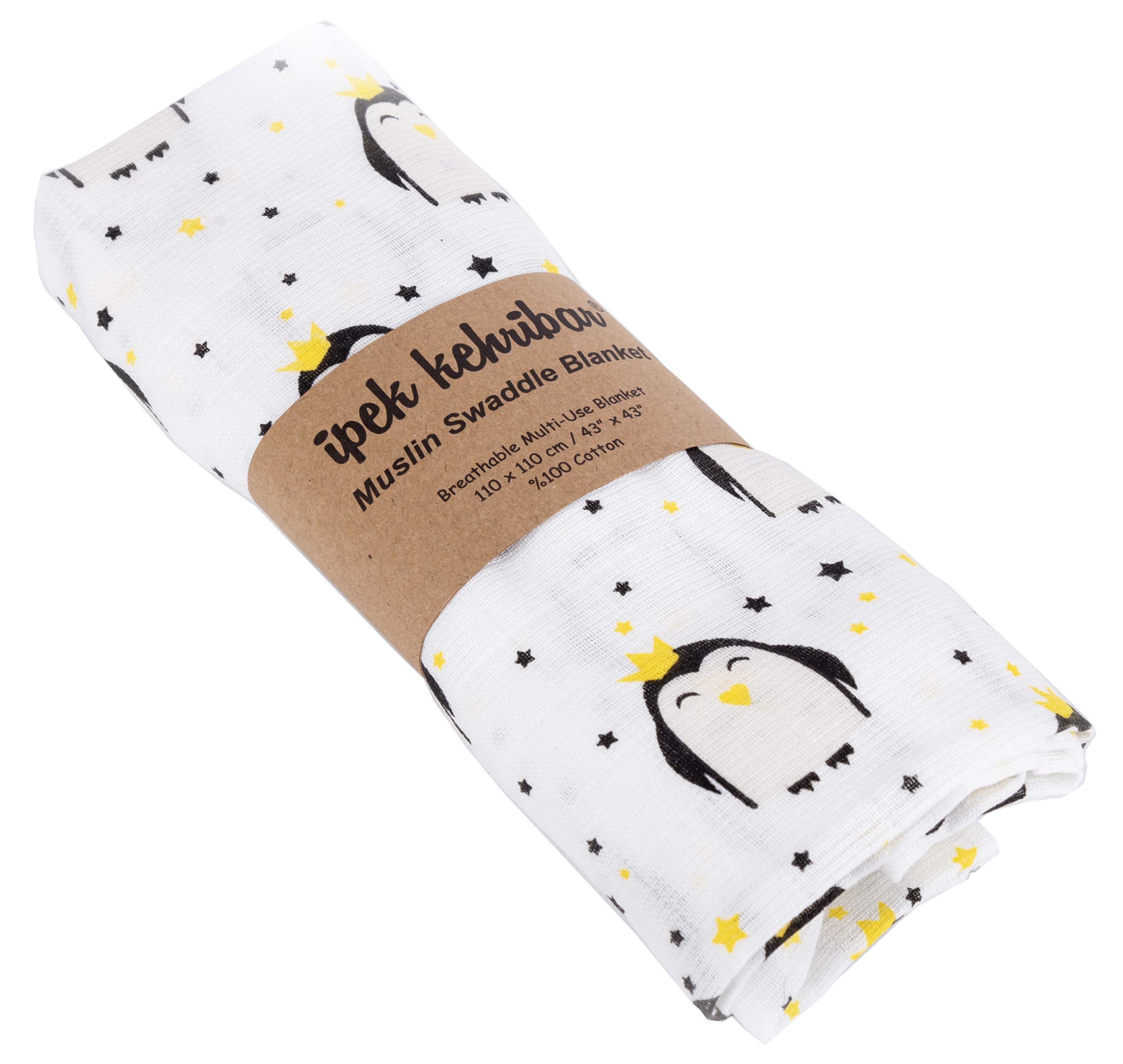 ipek kehribar Baby Muslin Swaddle Blankets Unisex 100% Cotton Ultra Soft, Multipurpose, Baby Swaddle Blanket for Boys and Girls, 43 X 43 inch 1 Pack/Penguin