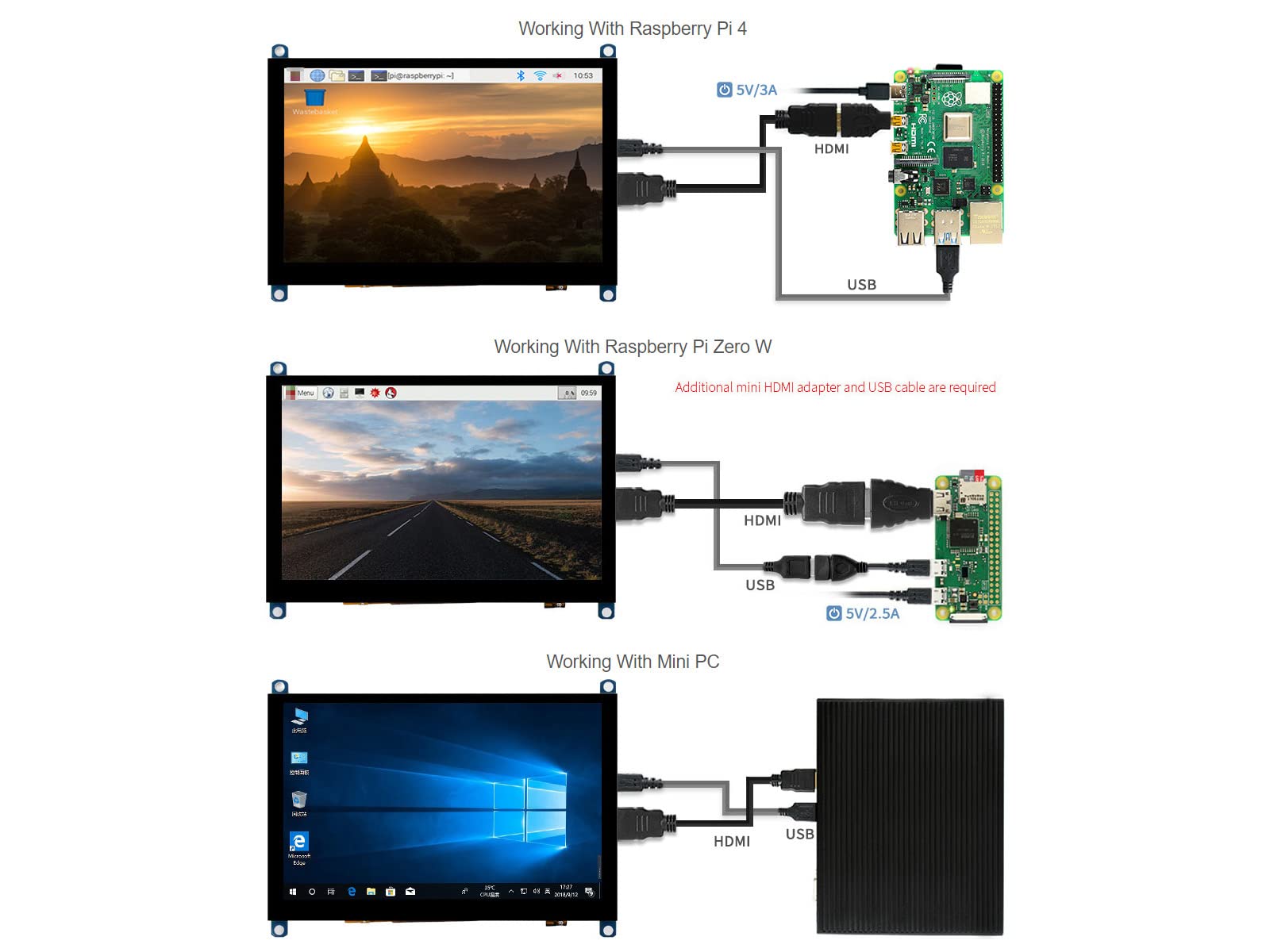 Waveshare 5inch Capacitive Touch Screen LCD Slimmed-Down Compatible with Raspberry Pi 5/4B/3B+/3A+/2B/B+/A+/Zero/Zero W/WH/Zero 2W CM3+/4 800×480 Resolution HDMI Toughened Glass Panel Supports Windows