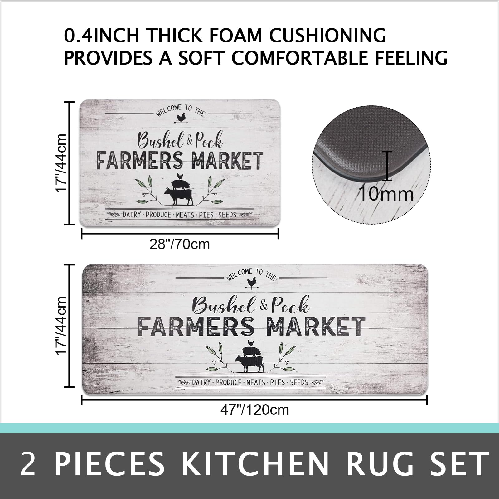 Falflor Farmhouse Anti Fatigue Kitchen Rug and Mats 2 Pieces PVC Leather Heavy Duty Standing Mats for Kitchen Sink Office Standing Desk Rug Wipe Clean