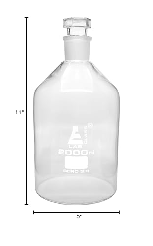 EISCO Reagent Bottle, 2000ml, 34/35 Interchangeable Hexagonal Hollow Stopper - Narrow Mouth - Borosilicate Glass Labs