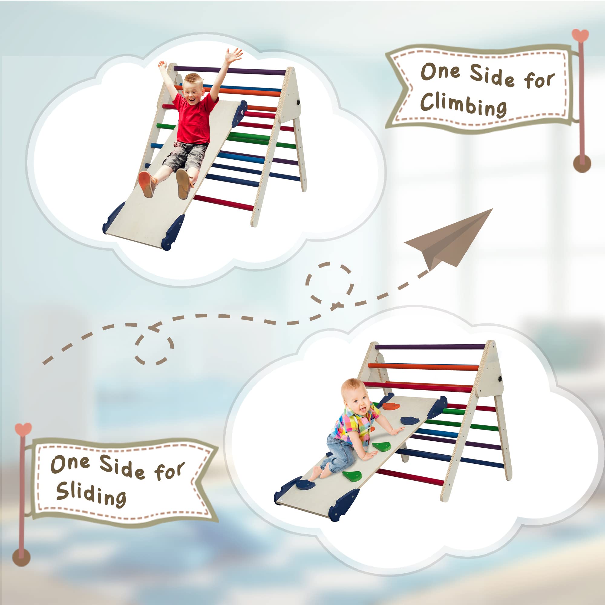 3 in 1 Foldable Triangle Ladder, Pikler Triangle Climber with Ramp, Sturdy Wooden Toddler Climbing Toys for Toddlers 1-3. with Climbing Triangle/Arch/ramp.Multicolourā¦