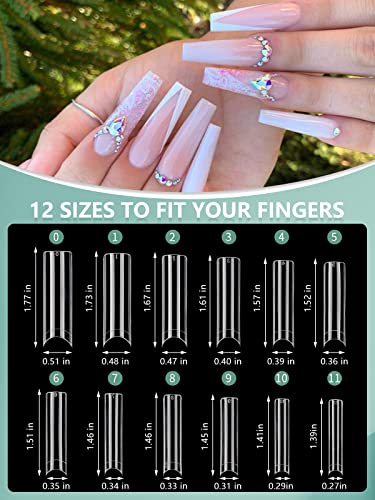 480PCS Extra Long NO C Curve Nail Tips XL, 2 Packs Natural and Clear Nail Tips for Acrylic Nails Professional Set, 12 Sizes Straight Tapered Square Press on False Nail Tips for Nail Art Salon Home DIY