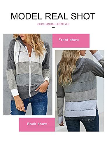 Acelitt Womens Casual Lightweight Long Sleeve Zip up Zipper Striped Knit Sweaters Hoodies Sweatshirts Pullover Jackets Large Gray2