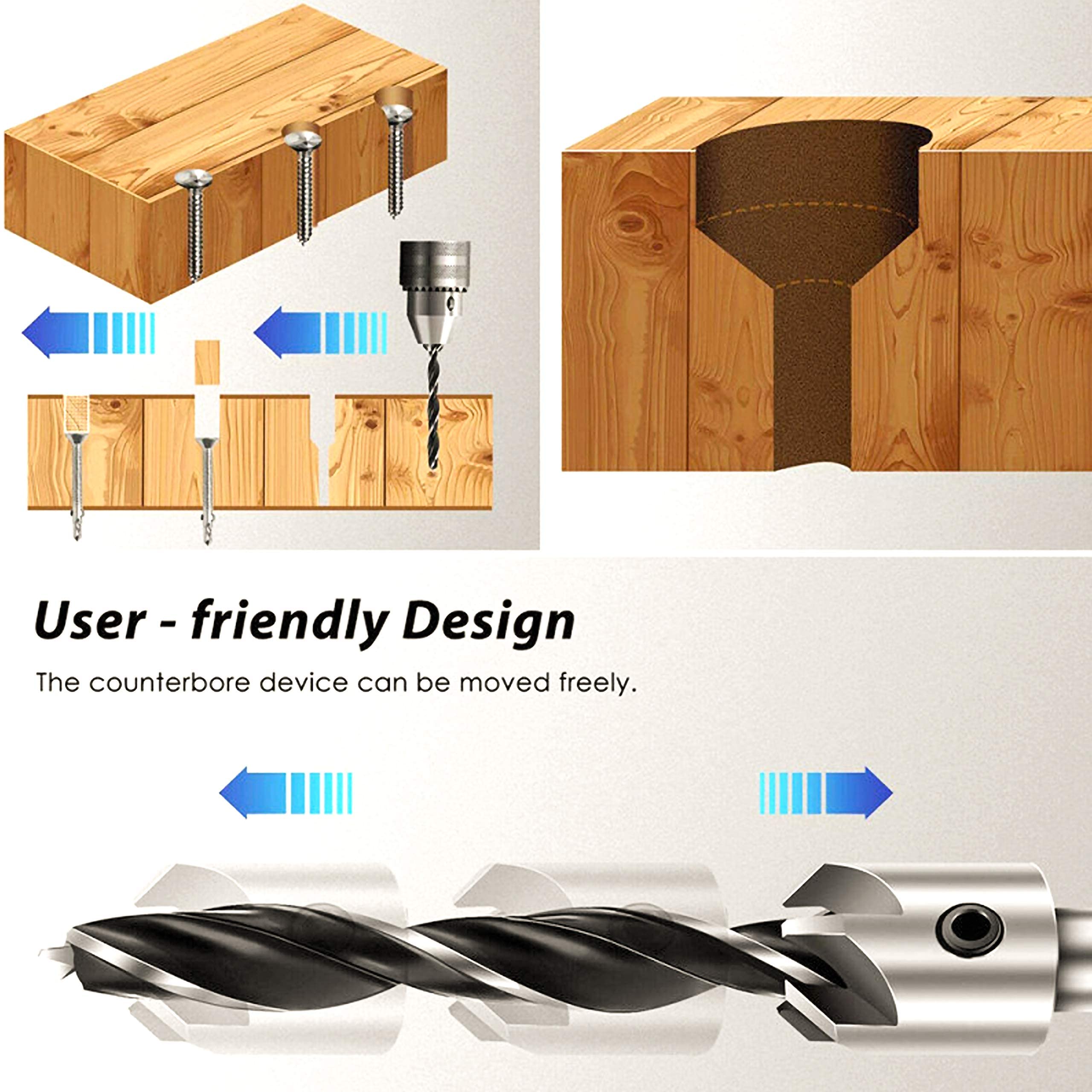 KEWAYO Countersink Drill Bits Set - 7Pcs High-Speed Steel Counter Sink Bits for Woodworking Carpentry, Includes 1 Free Hex Key Wrench