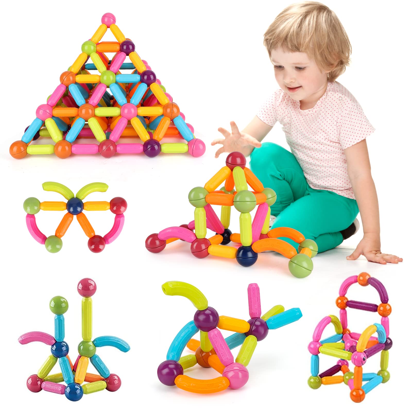 54 Pcs Magnetic Balls and Rods Set,Magnetic Building Sticks Blocks Toys,Magnet Educational Toys STEM Toys for Kids,Learning Magnetic Toys for Boys Girls Age 3 4 5 6 7 8+ Years Old Gifts