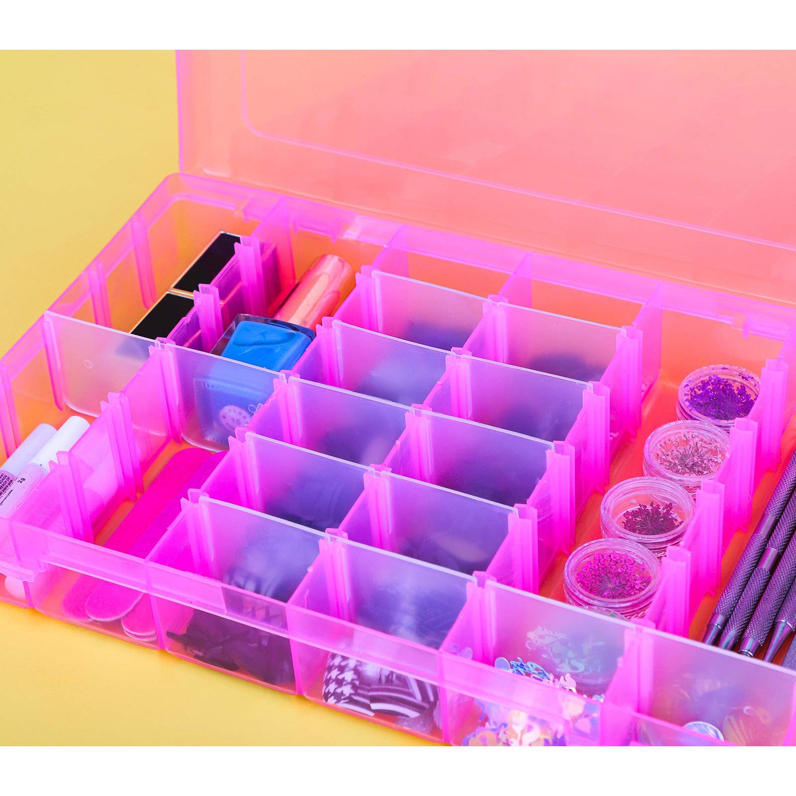 False Nail Container, Cosics Bright Pink 36-Gird Plastic Nail Art Organizers Storage Box with Adjustable Dividers, False Jewelry Diamonds Charms Nail 3D Decorations Manicure Accessory Holder Case