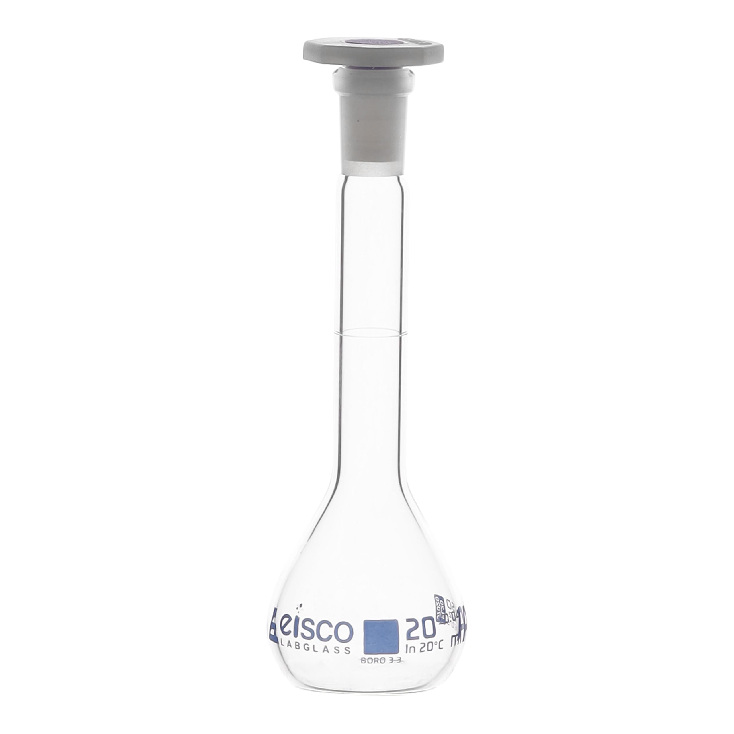 EISCO Volumetric Flask, 20ml - Class A - 10/19 Polyethylene Stopper, Borosilicate Glass - Blue Graduation, Tolerance Âą0.040