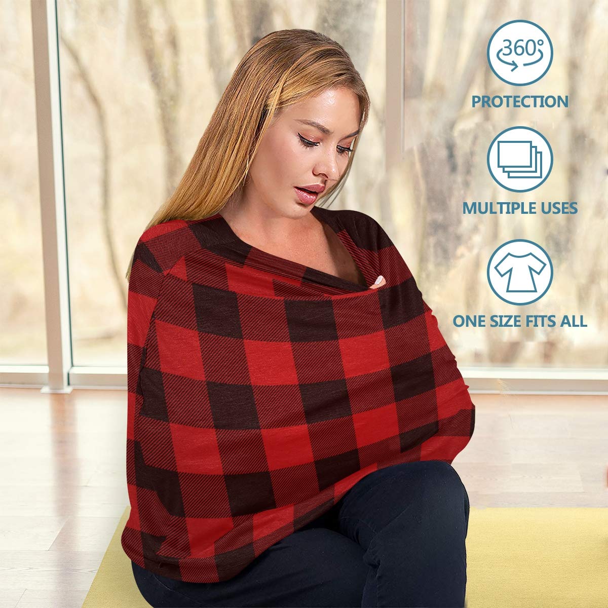 Nursing Cover Breastfeeding Scarf Red Black Buffalo Plaid - Baby Car Seat Covers, Stroller Cover, Carseat Canopy (824a)