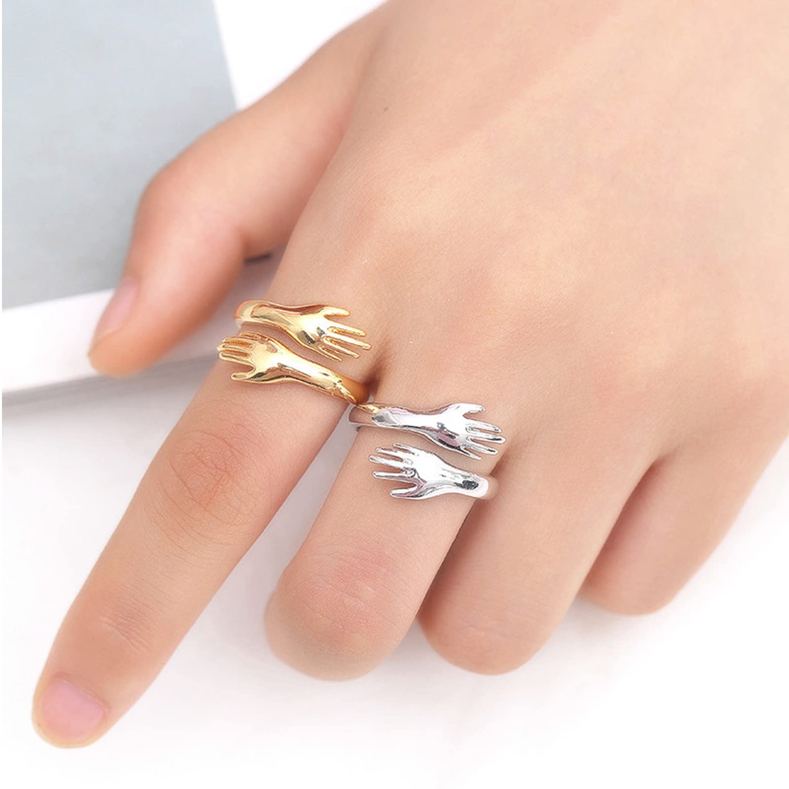 2 Pcs Love Hug Open Adjustable Ring Set Friendship Couple Lover Statement Creative Romantic Wedding Engagement Hugging Hands Jewelry for Women Men-gold