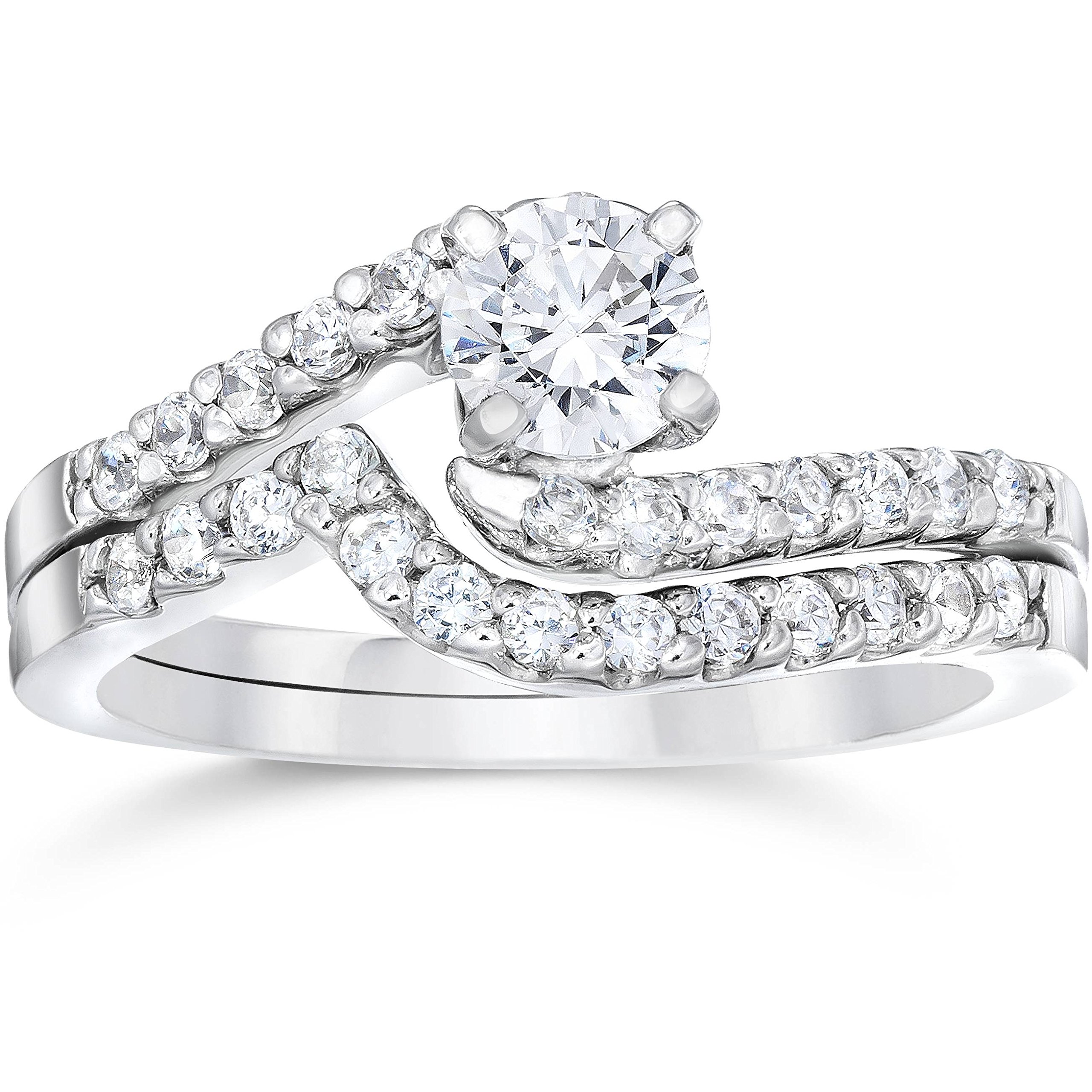 1ct Diamond Pave Engagement Bypass Wedding Ring Set Matching 14K White Gold - Size 9.5