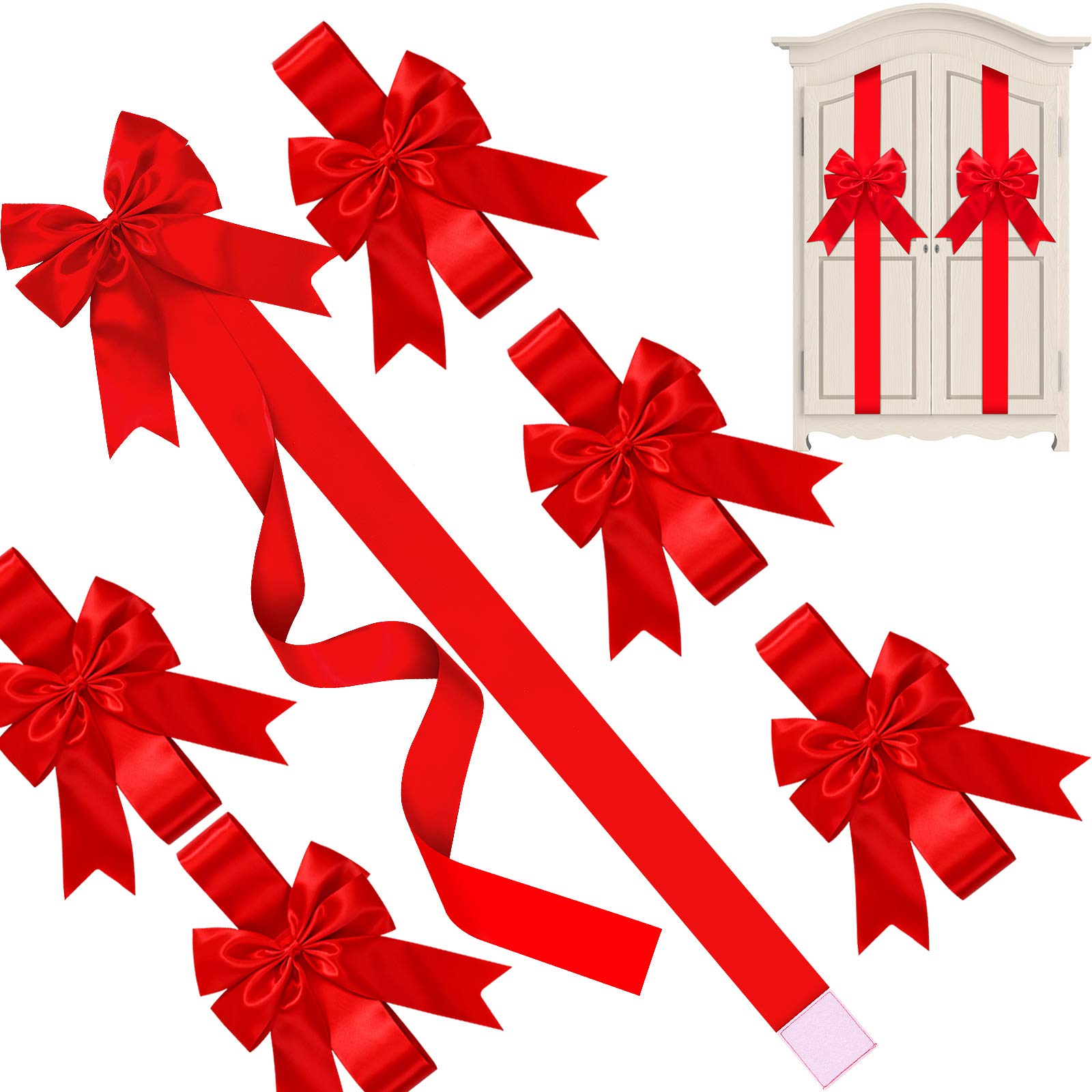 8 Pieces Christmas Cabinet Ribbons Bows Decorations Large Red Kitchen Cabinet Door Ribbons and Bows for Christmas Party Supplies
