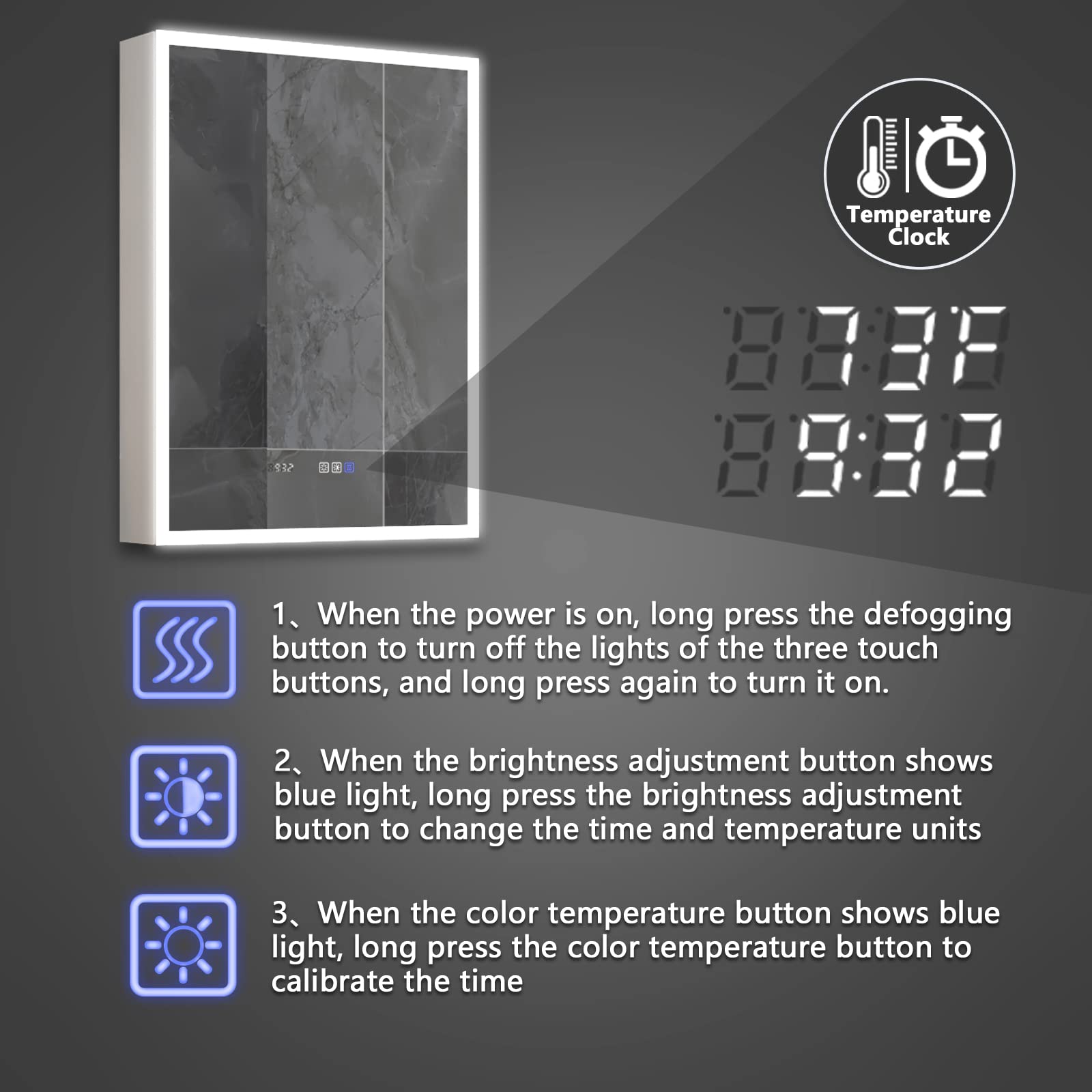 ExBrite Lighted Medicine Cabinet 24 x 32 Inch,Recessed or Surface led Medicine Cabinet, Clock&Room Temp Display,Defog,Dimming,Medicine Cabinet with Lights 3-Color Temper Chang,Hinge on The Left
