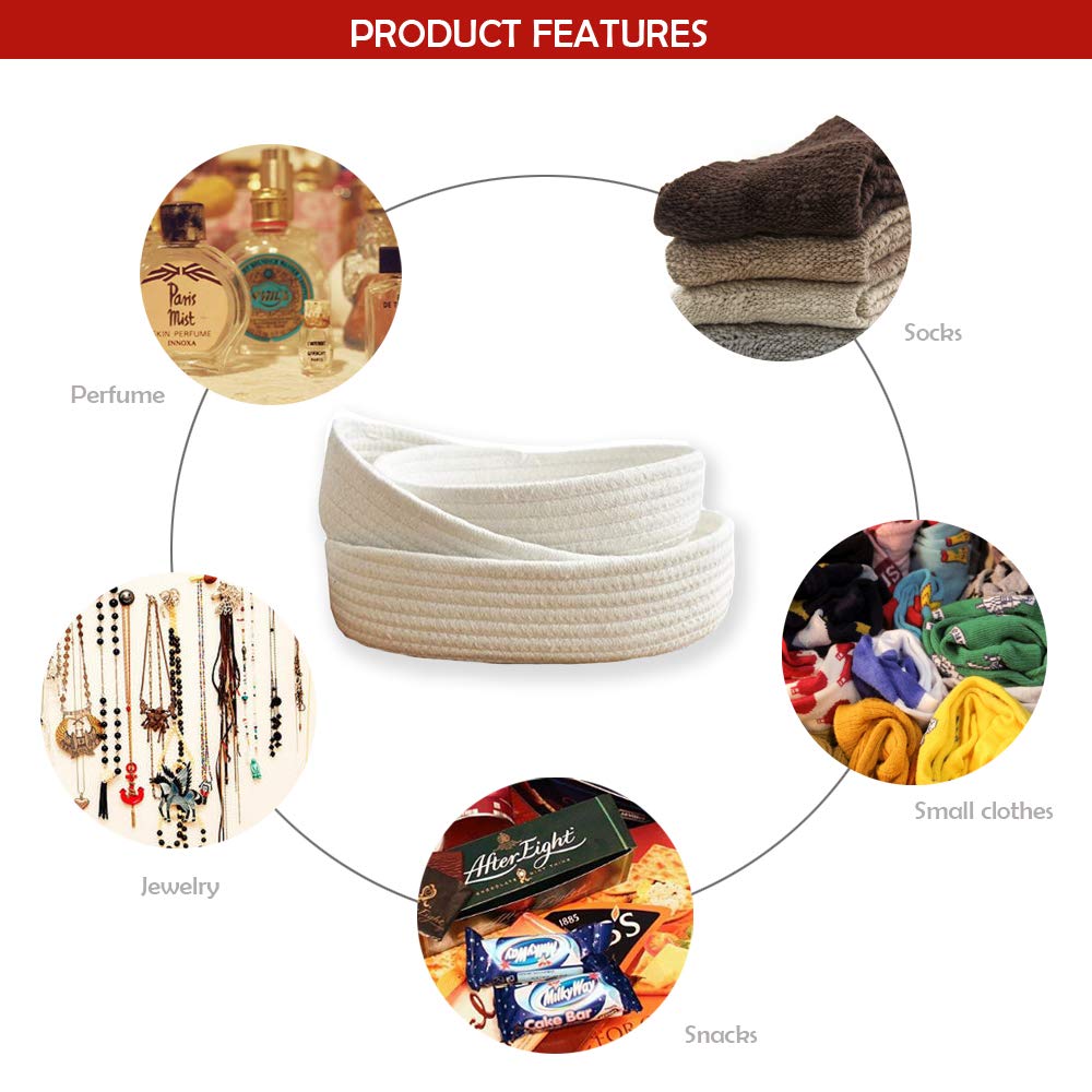 BQEE Cotton Rope Handmade Woven Home Storage Household Candy Toys Storage Basket Sundries Collection Box Candy Snack Food Tray SML Pack of 3 (Round, Grey)