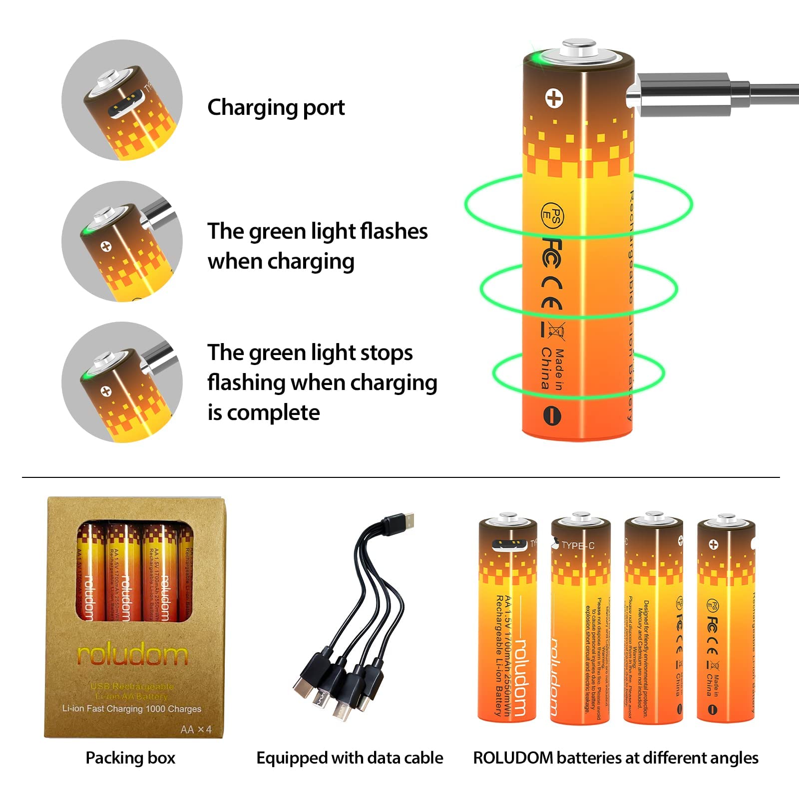 Roludom AA Rechargeable Batteries 1.5V / 2600mAh, USB-C AA Battery Lithium-ion Battery, 1.5h Fast-Charge,Not Need Extra Batteries Charger, The Battery can be Recycled 1200 Times-4 Pack
