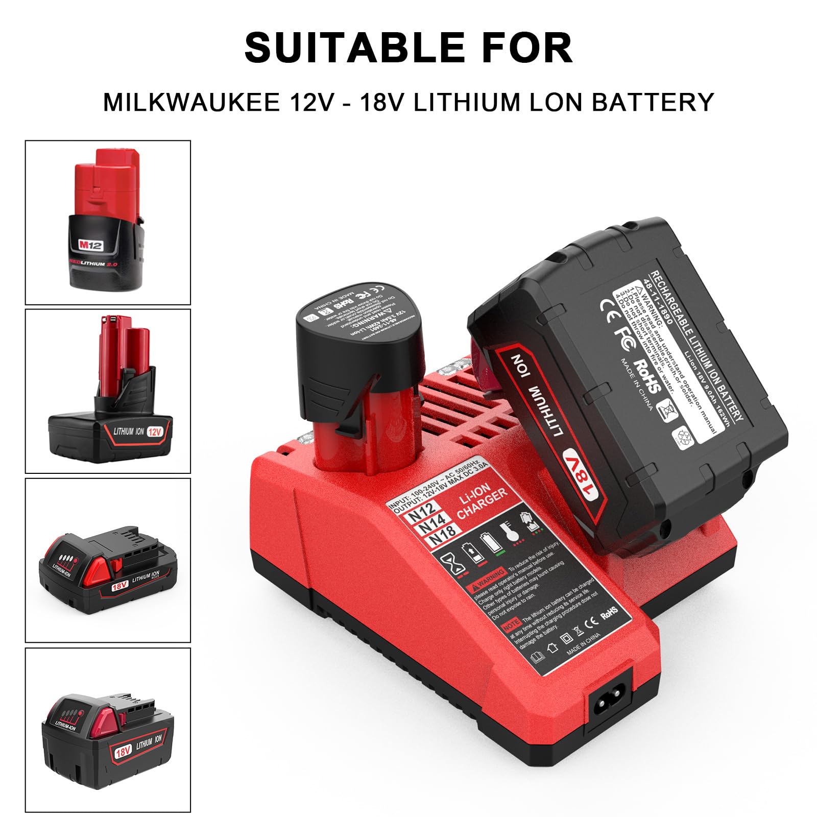 2Pack Replacement for m18 Battery Milwaukee 18V Lithium Starter Kit, 48-11-1815 48-11-1820 48-11-1828 18Volt Milwaukee M18 Battery XC + 48-59-1812 Charger for 18V Milwaukee M18 Battery