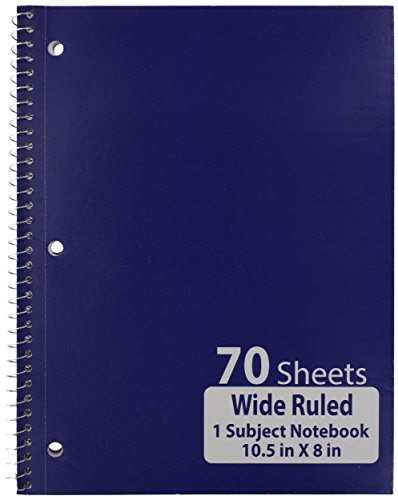 Emraw Single Subject Notebook Spiral with 70 Sheets of Wide Ruled White Paper - Set Includes: Red, Black, Purple, & Blue Covers (4 Pack)
