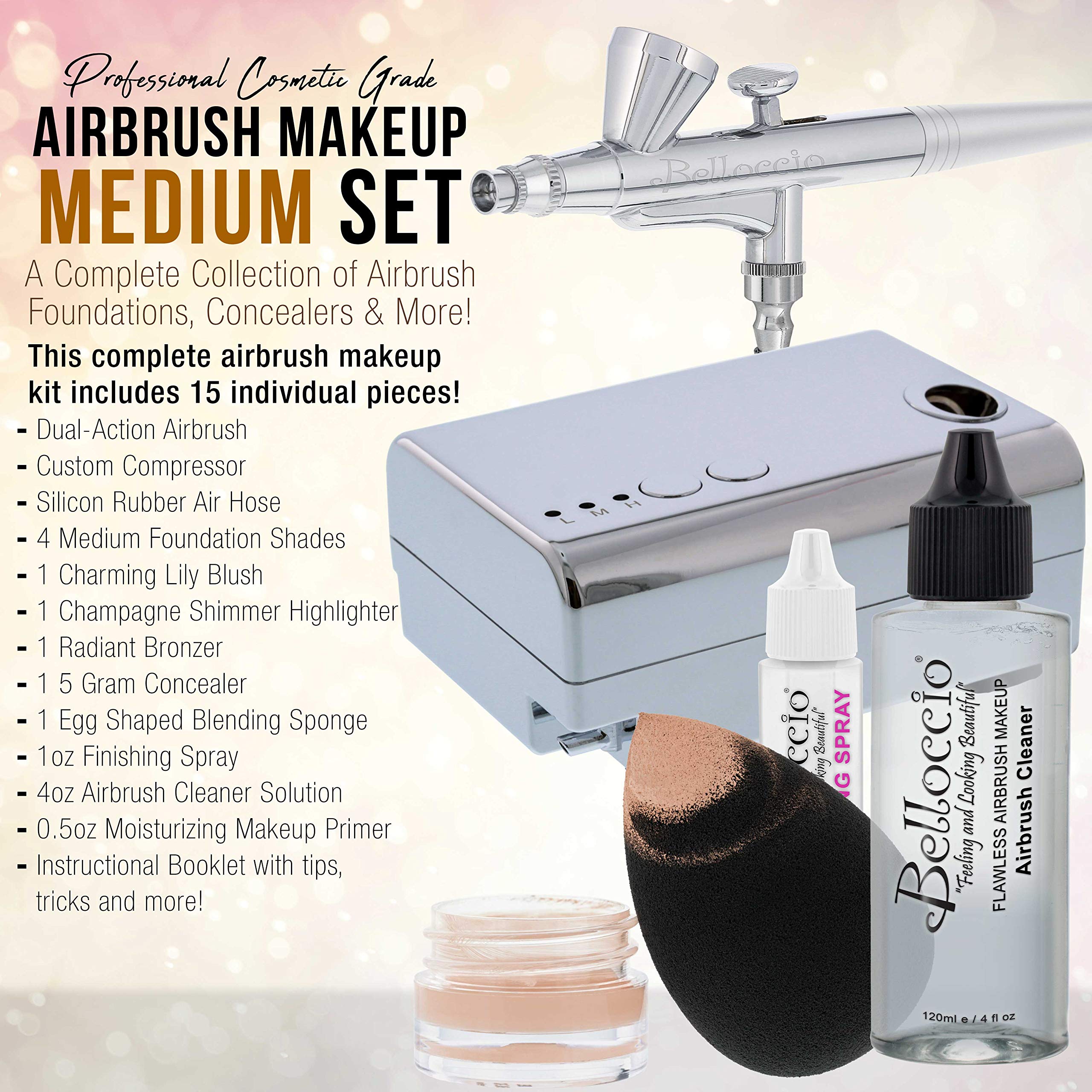 Belloccio Professional Beauty Airbrush Cosmetic Makeup System with 4 Medium Shades of Foundation in 1/4 Ounce Bottles - Kit Includes Blush, Bronzer and Highlighters